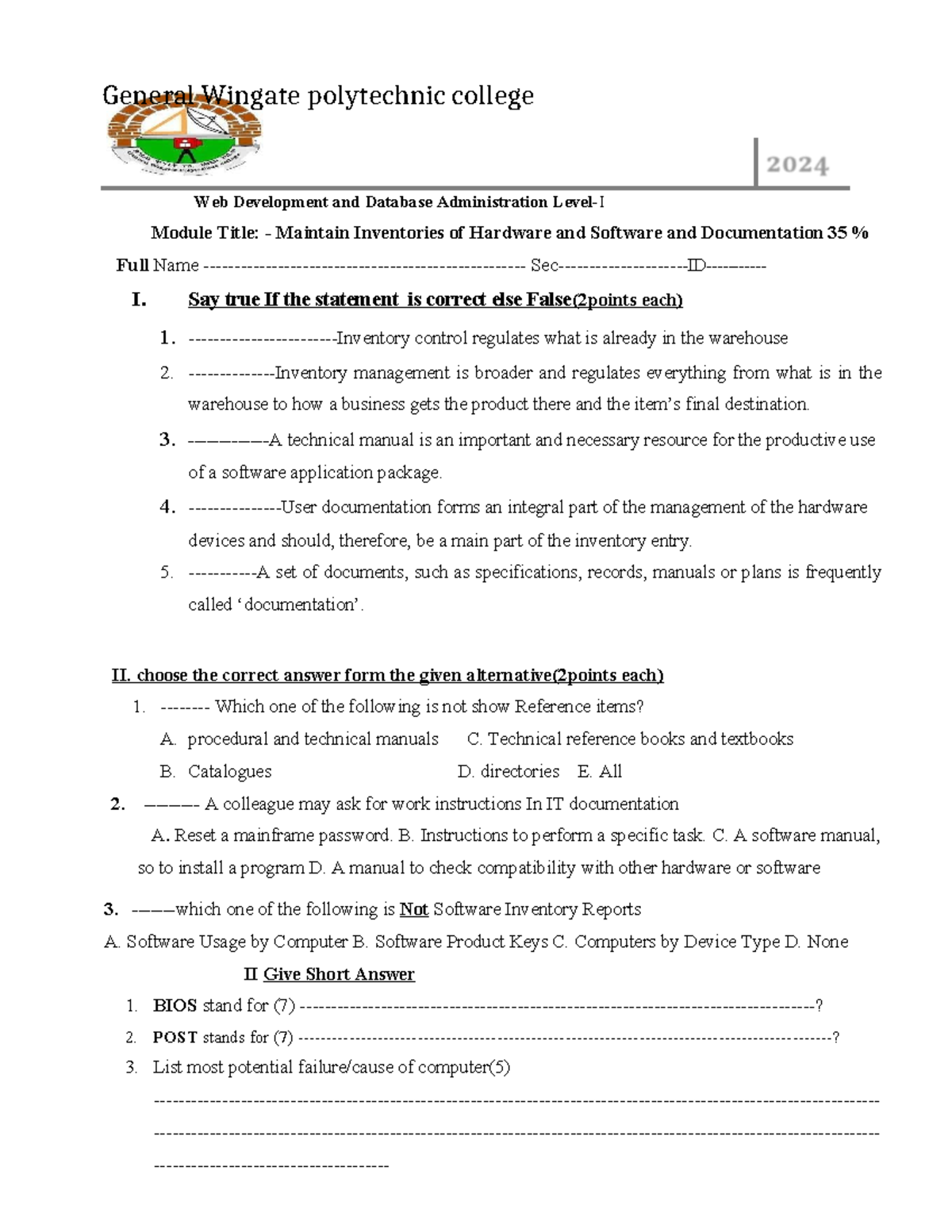Web Development & Database Admin: Inventory Maintenance Quiz - Studocu