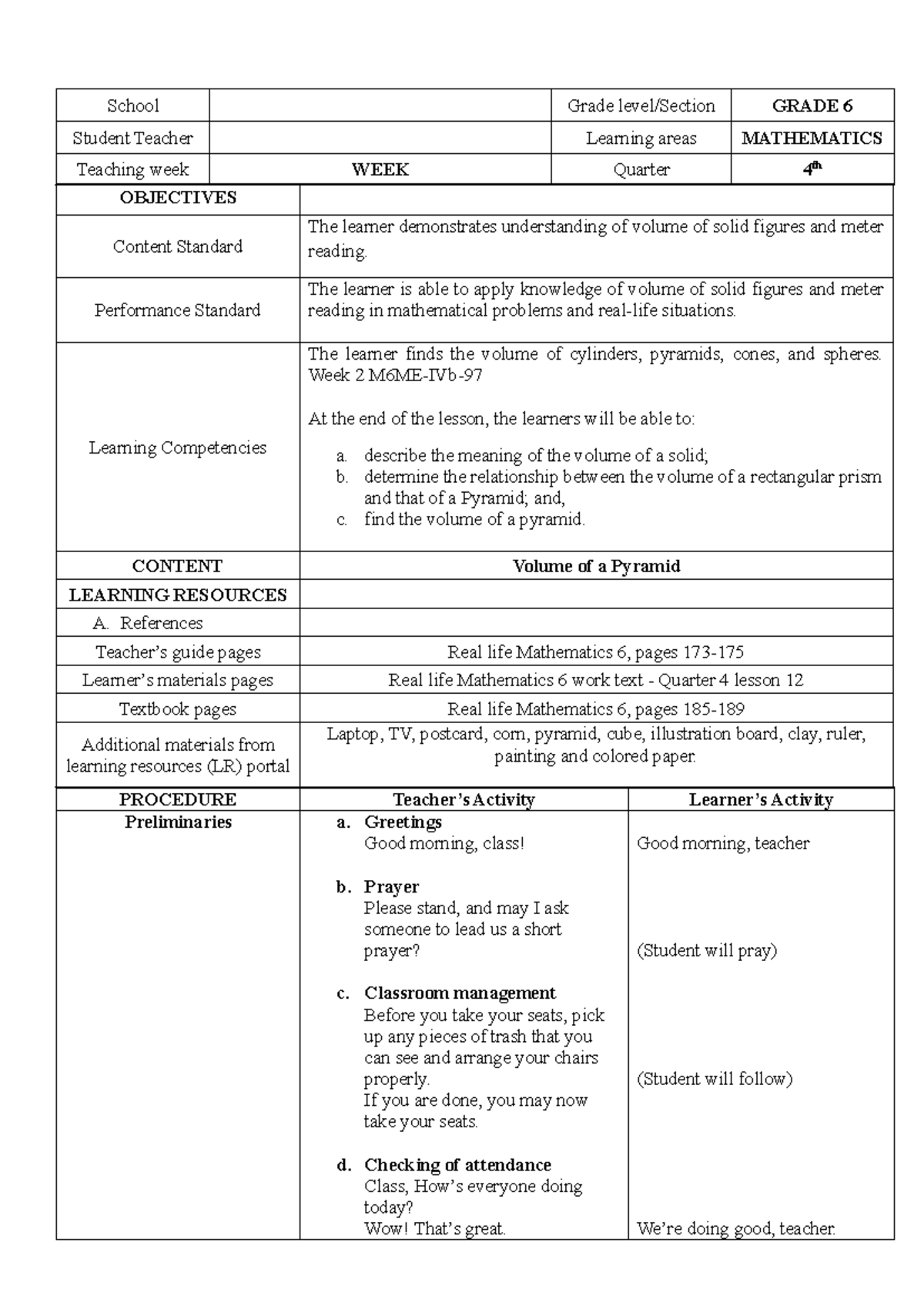 DLP on Volume of Solid Figures - Math Lesson for Grade 6 (M6ME-IVb) - Studocu