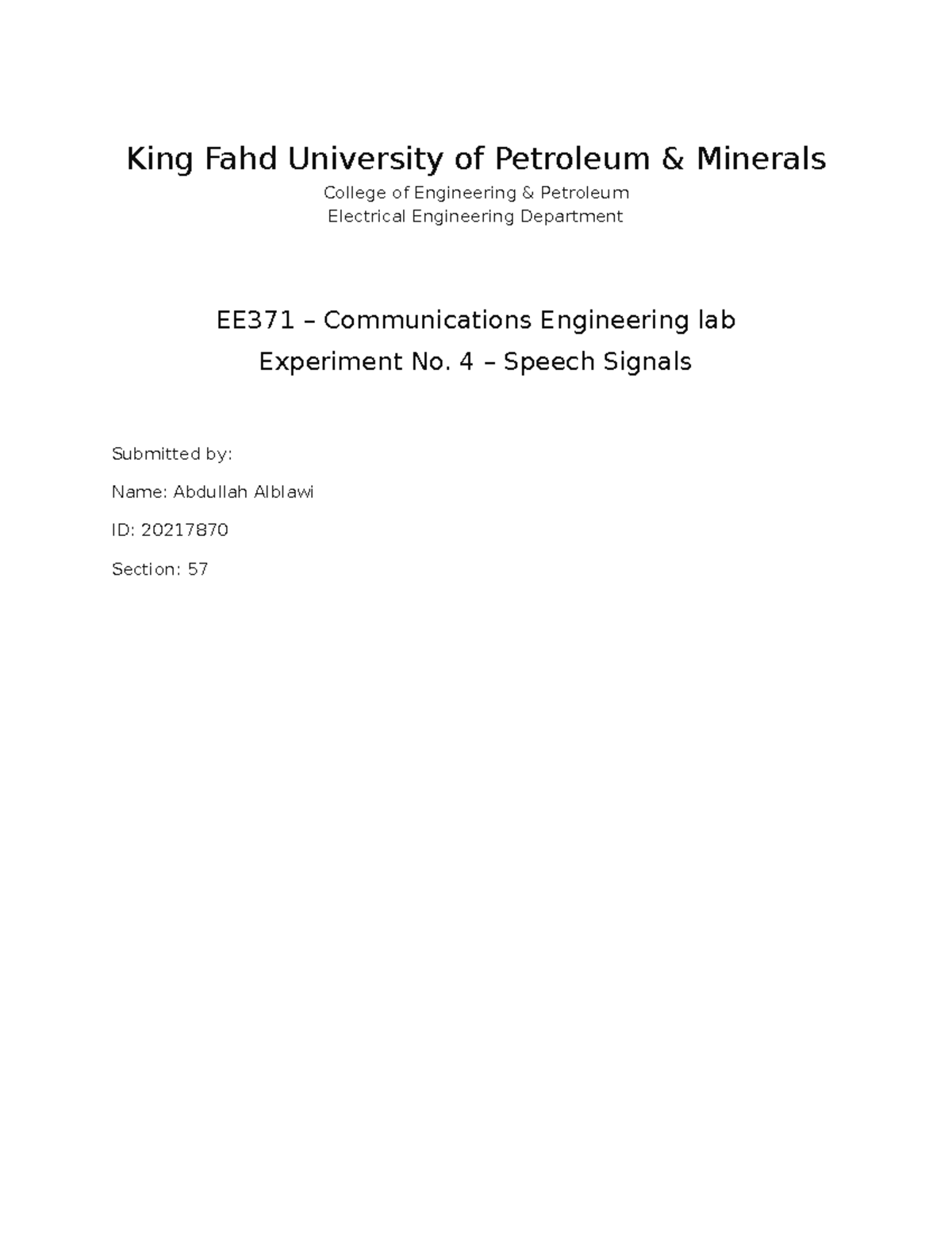 EE371 Lab 4 Report: Analyzing Speech Signals with Filters - Studocu