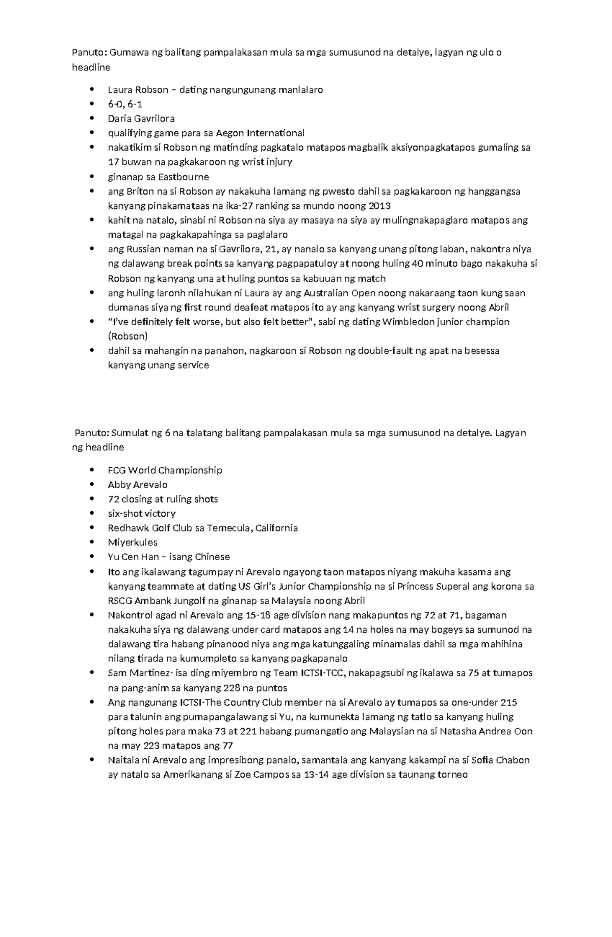 Pagsusuri ng Balitang Pampalakasan: Laura Robson at Abby Arevalo - Studocu