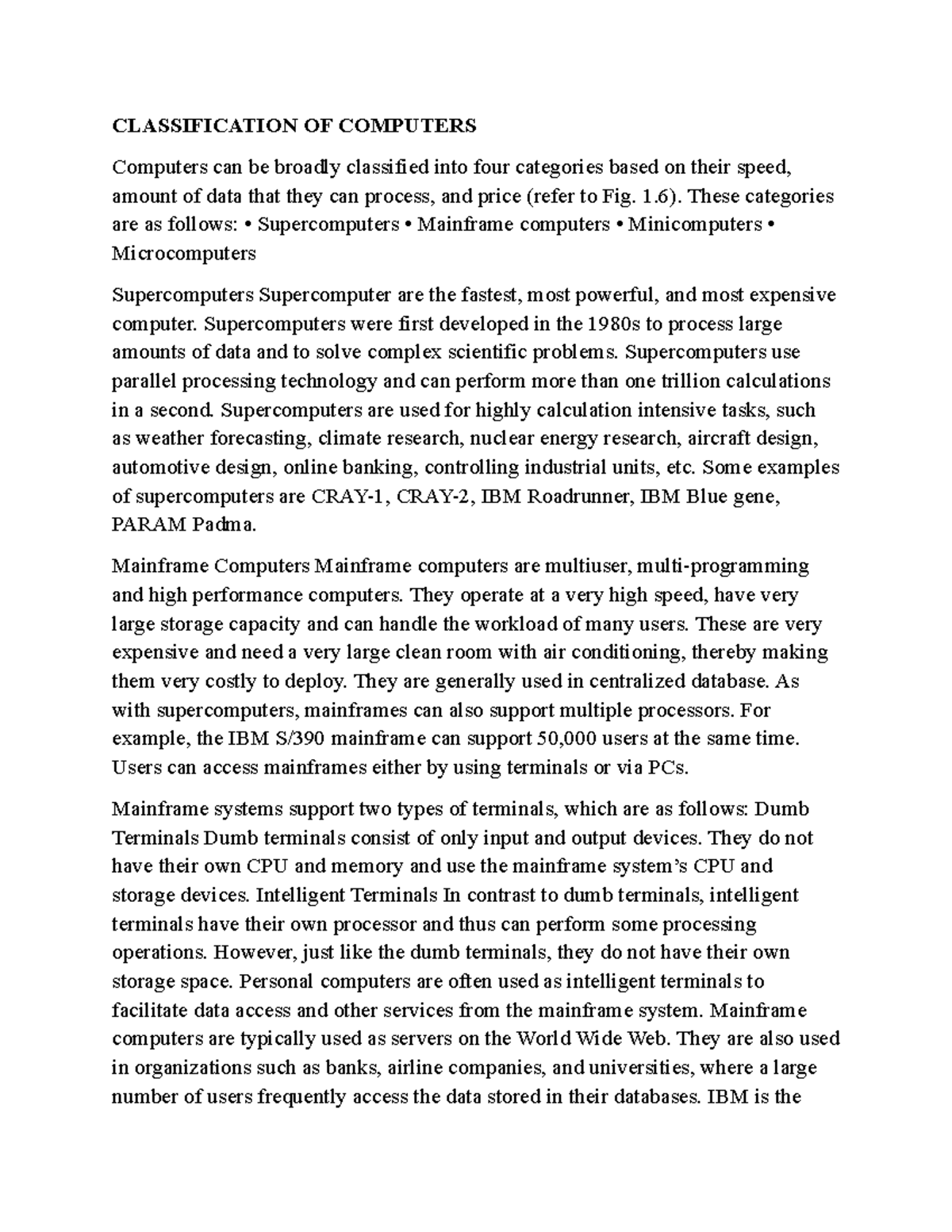 Classification of Computers: Supercomputers to Microcomputers - Studocu