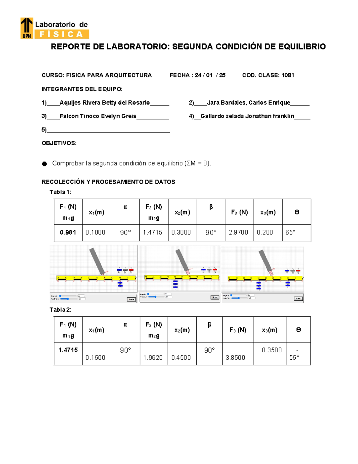 Reporte LAB Fisiarq S06 2CE - REPORTE DE LABORATORIO: SEGUNDA CONDICIÓN DE EQUILIBRIO CURSO ...