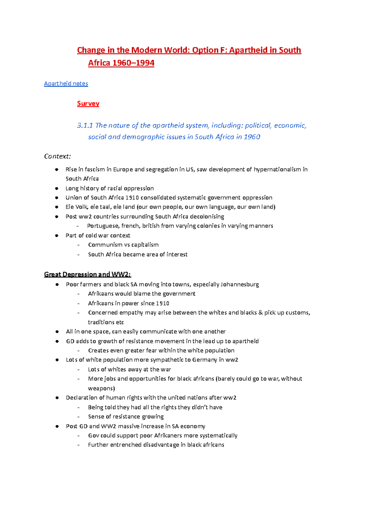 YEAR 12 Modern History: Apartheid in South Africa Overview and Analysis ...