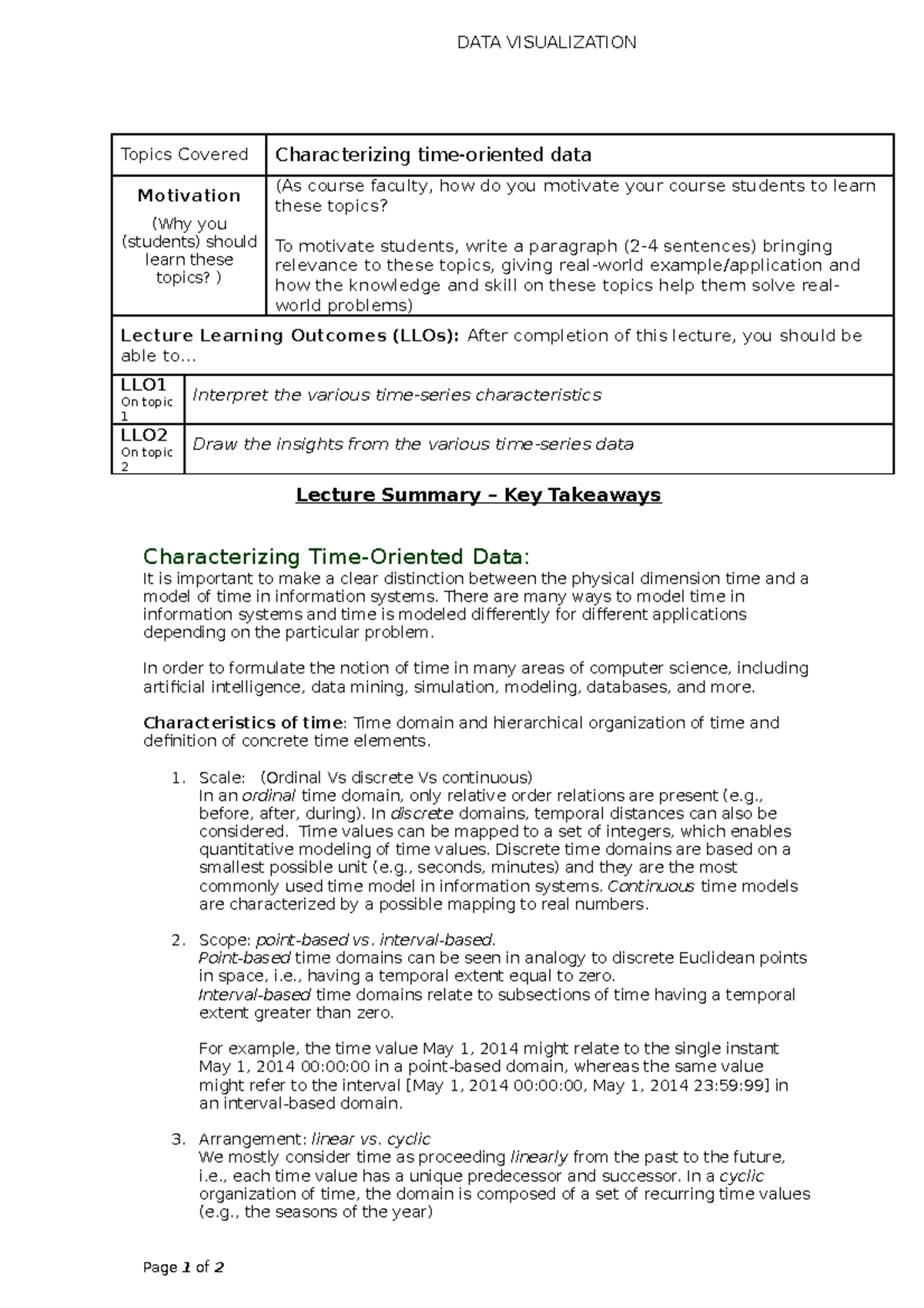 Characterizing Time Oriented Data Llo On Topic 1 Interpret The