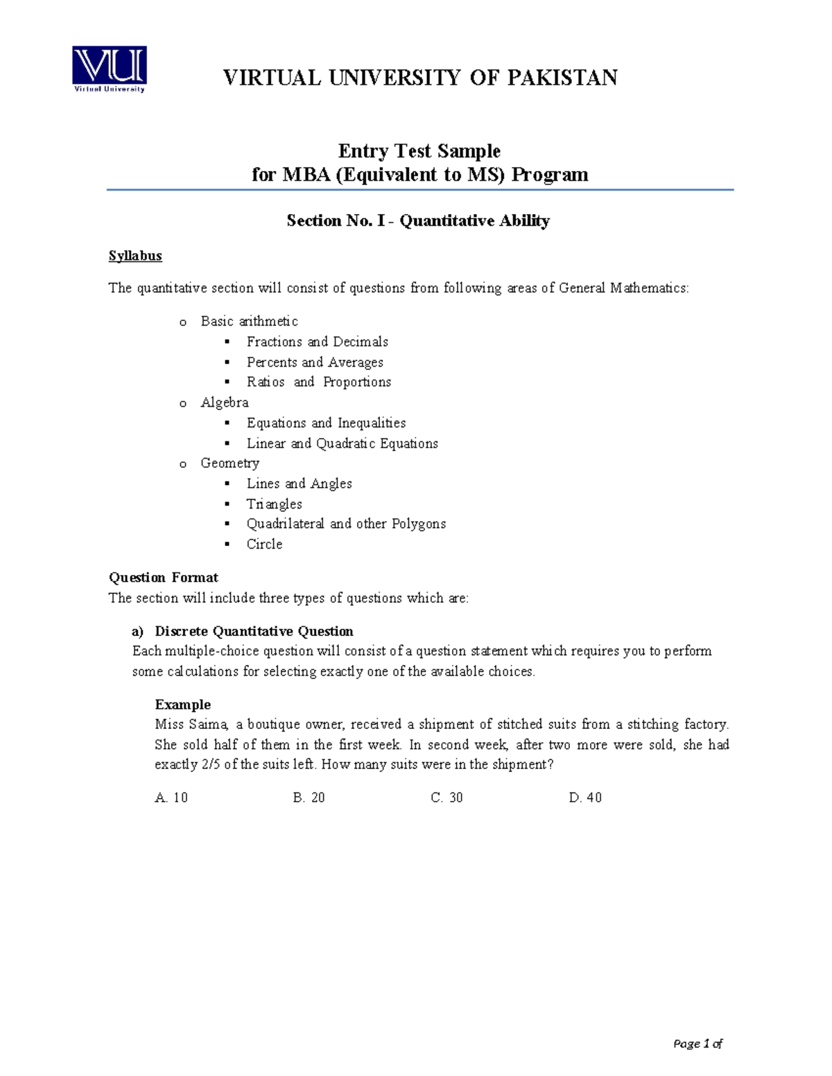 VU Admission Entry Test Sample for MBA (Equ. to MS) Program - Studocu