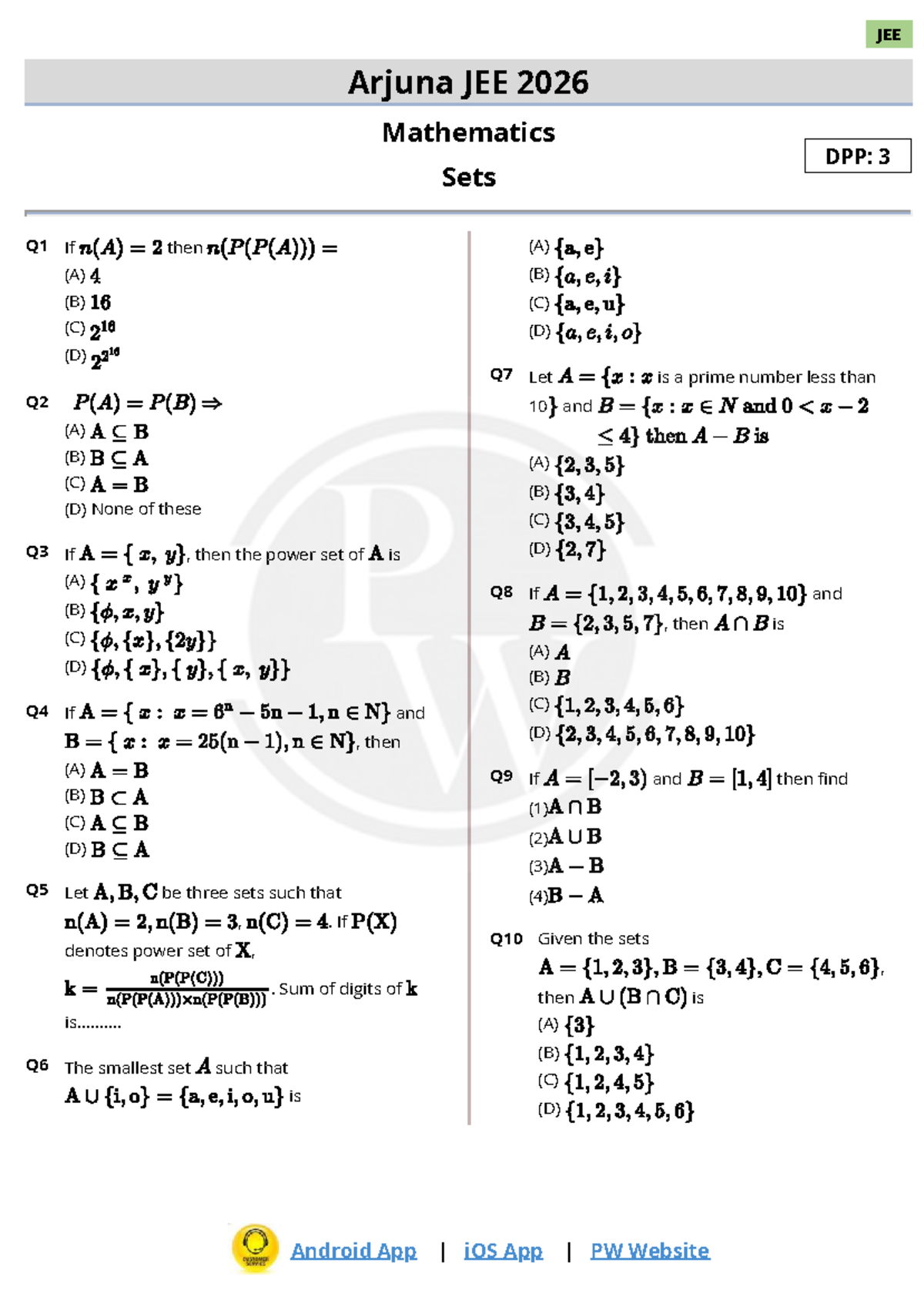 JEE 2026 Mathematics DPP: Sets Practice Questions 03 - Studocu