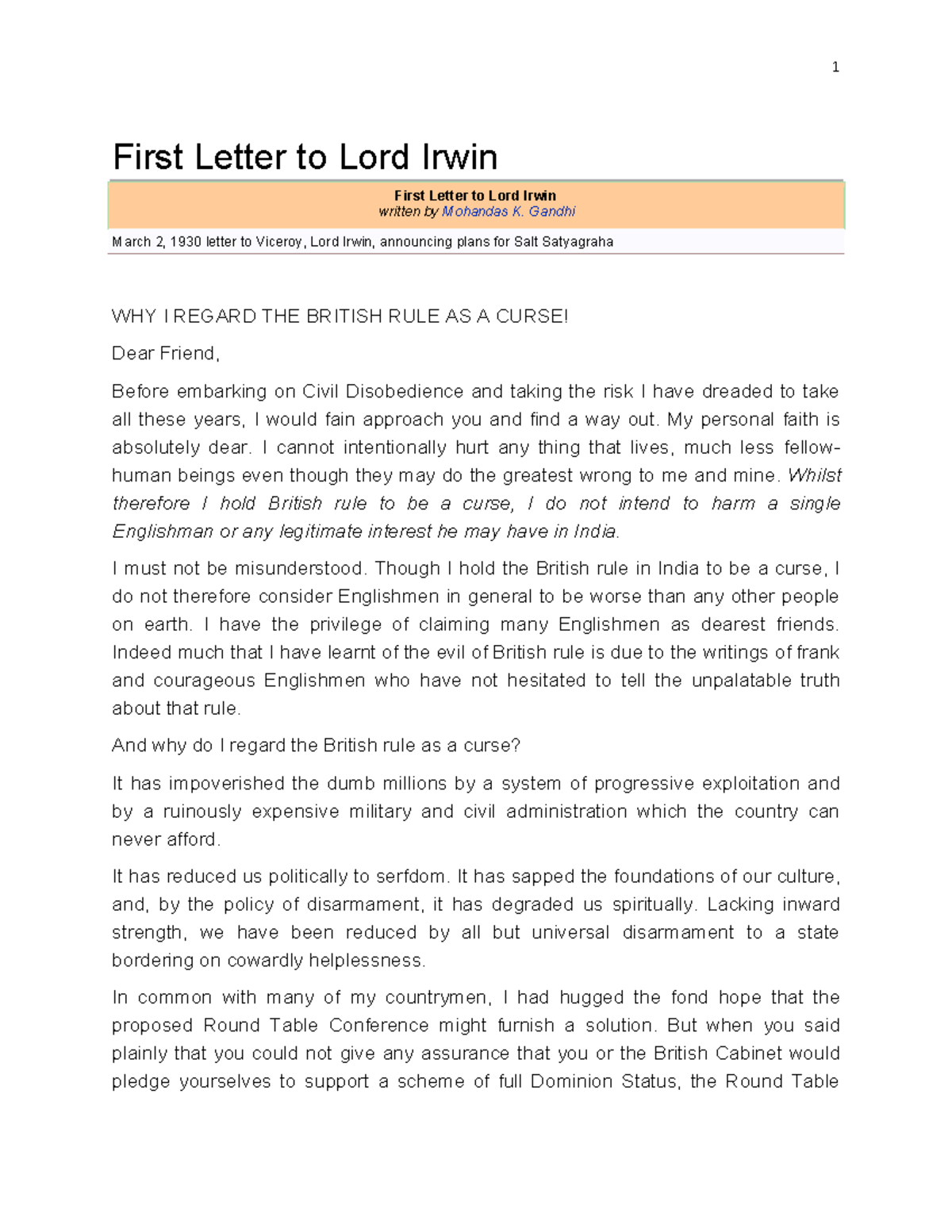 Gandhi's First Letter to Lord Irwin: Salt Satyagraha Announcement - Studocu