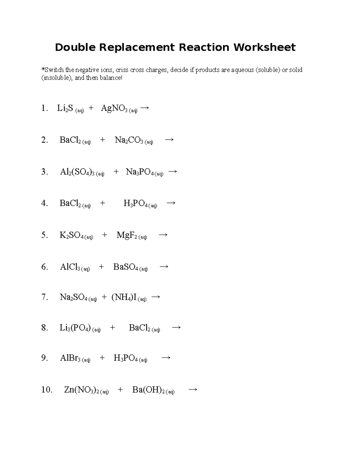 Double Replacement Rxn Worksheet - Double Replacement Reaction ...