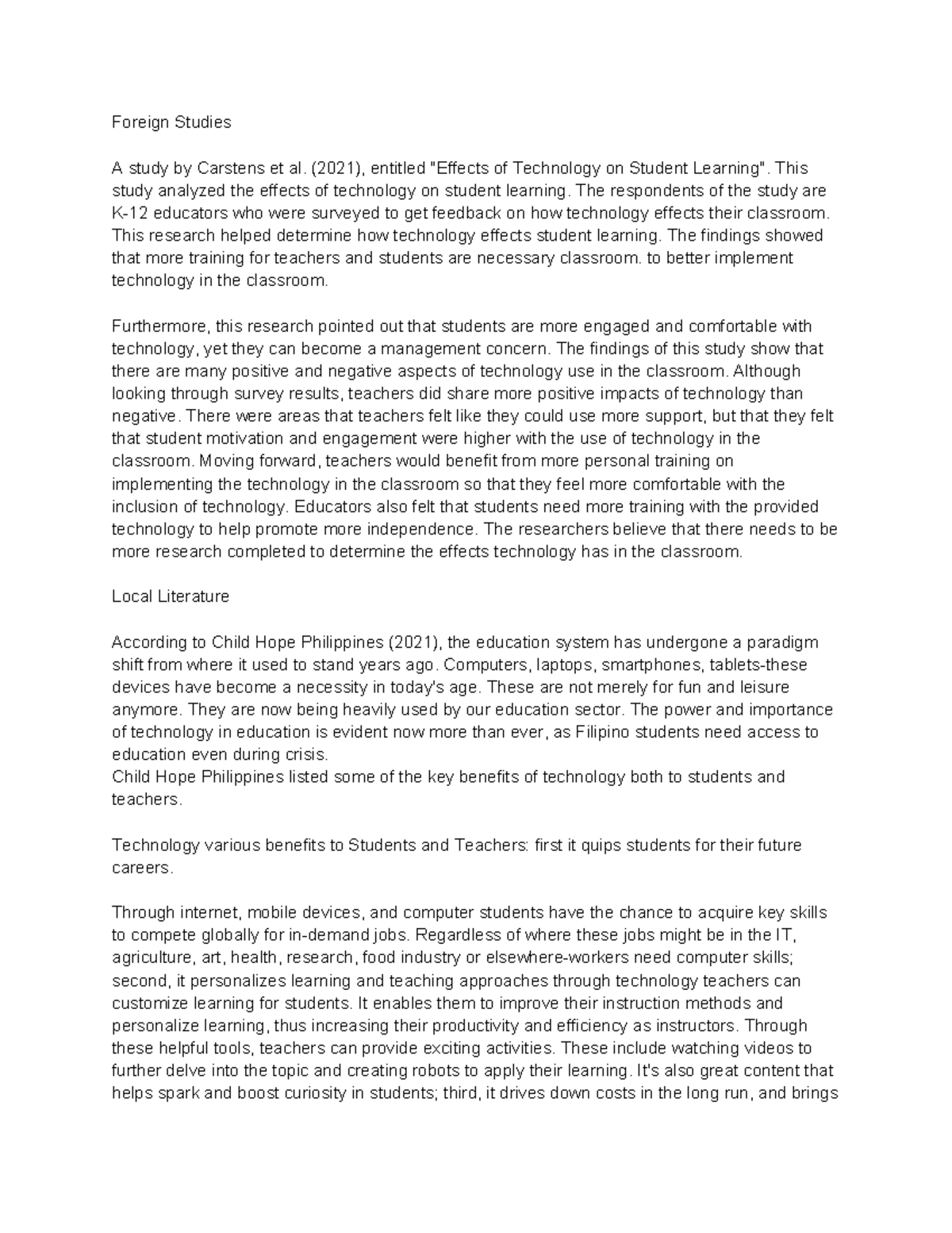Effects of Technology on Student Learning: Foreign & Local Studies ...