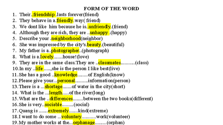 Exercise on Word Formation - 2 (ENG 101) - Studocu