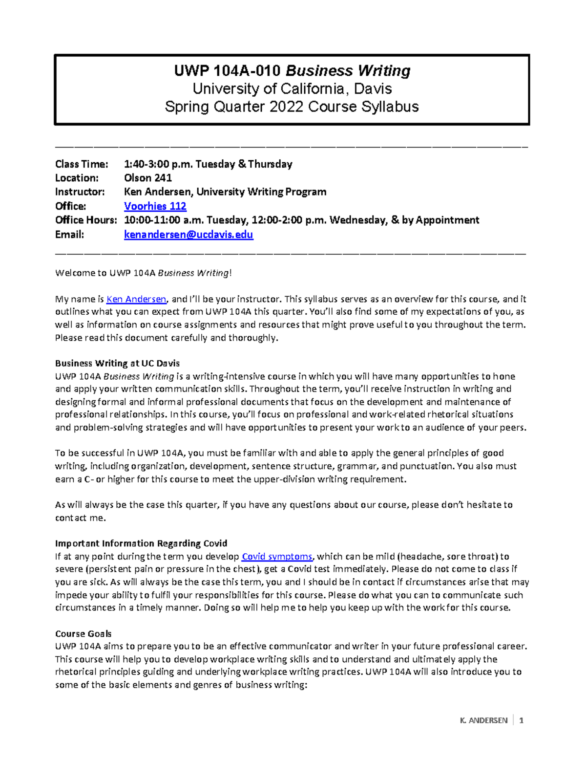 UWP 104A Business Writing Course Syllabus - Spring 2022 Overview - Studocu