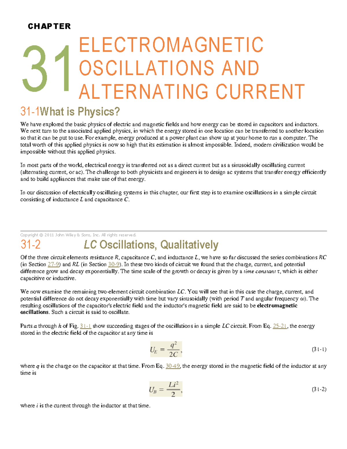 CHAPTER 31: ELECTROMAGNETIC OSCILLATIONS & ALTERNATING CURRENT (PHYSICS ...