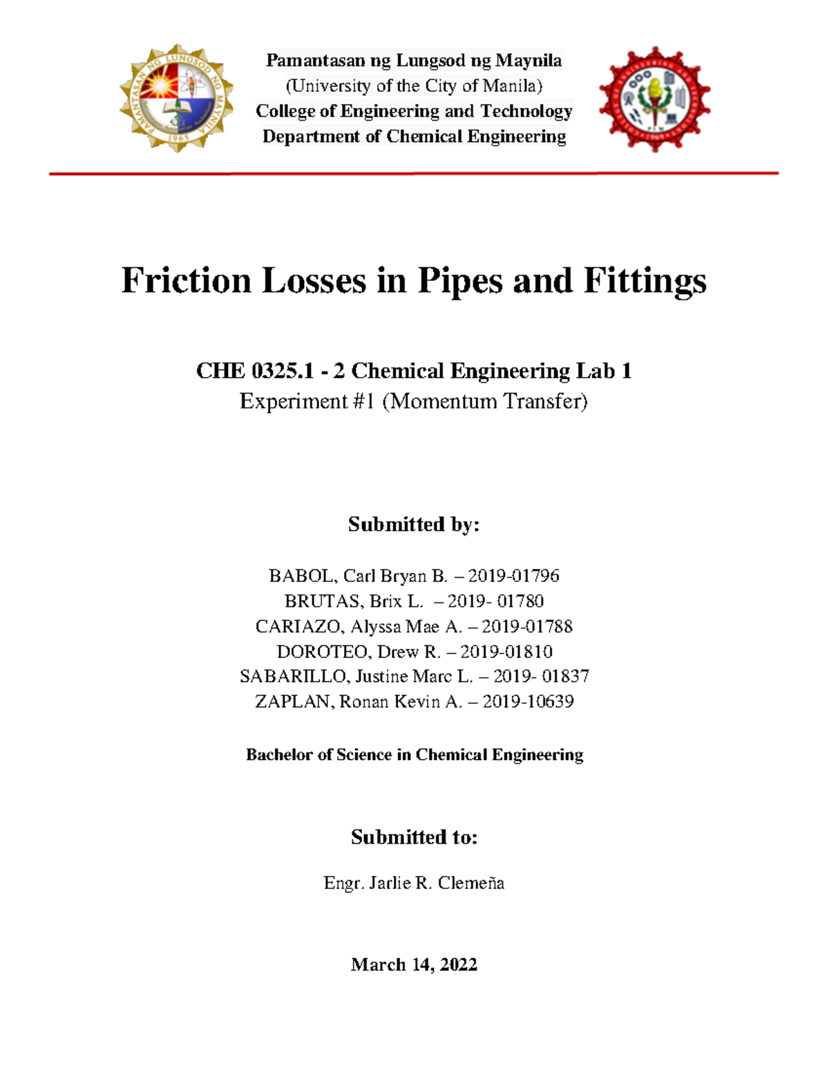 Friction Losses in Pipes & Fittings - CHE 0325.1 Lab Experiment 1 - Studocu