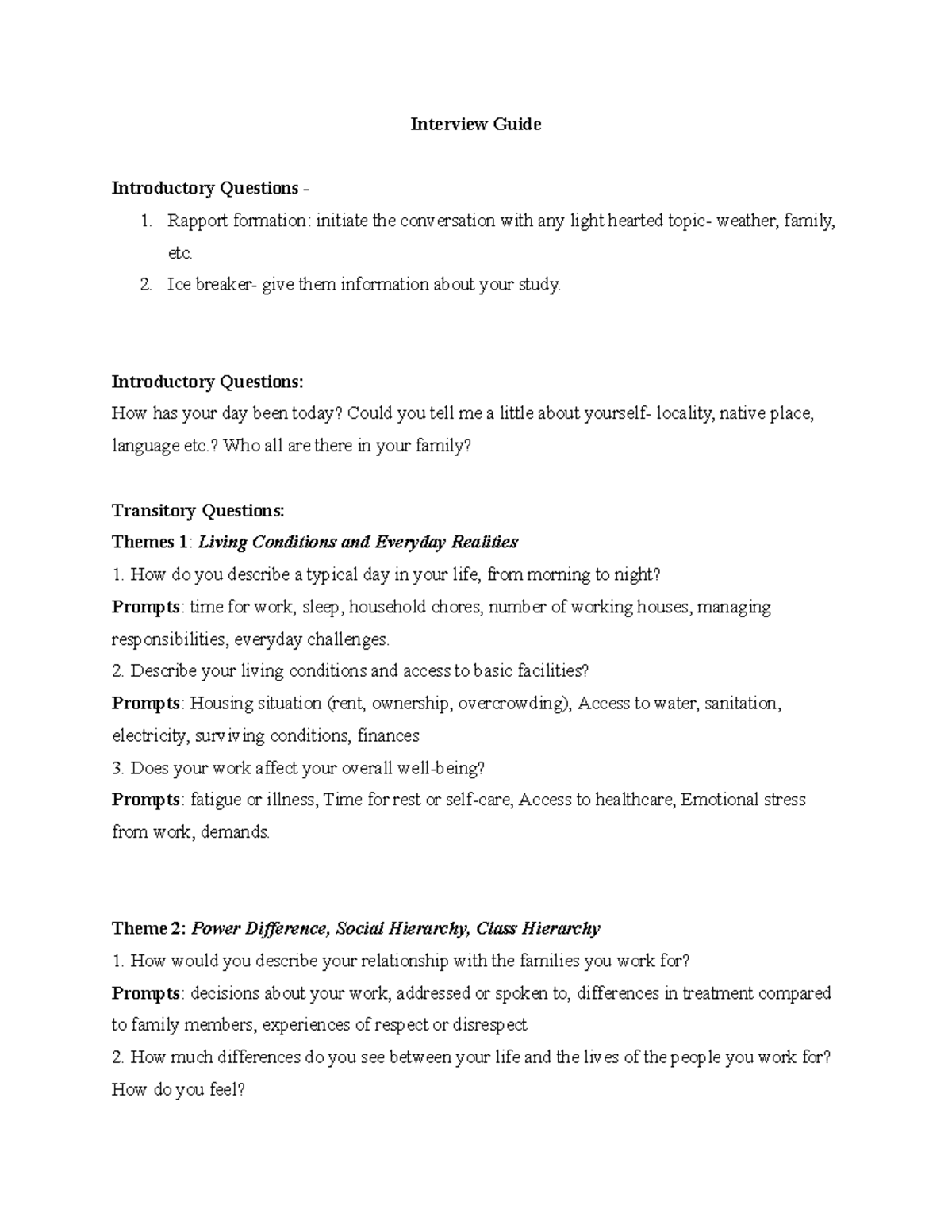 Interview Guide: Introductory & Transitory Questions for Study - Studocu