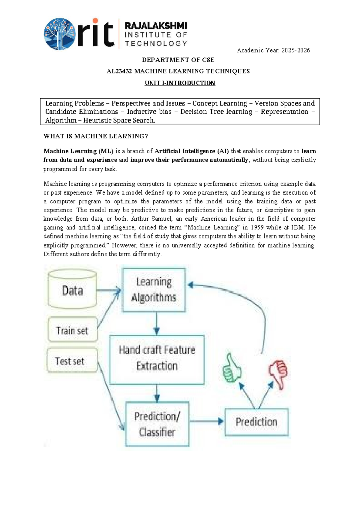 Academic Year: CSE AL23432 Machine Learning Techniques - Unit 1 Notes ...