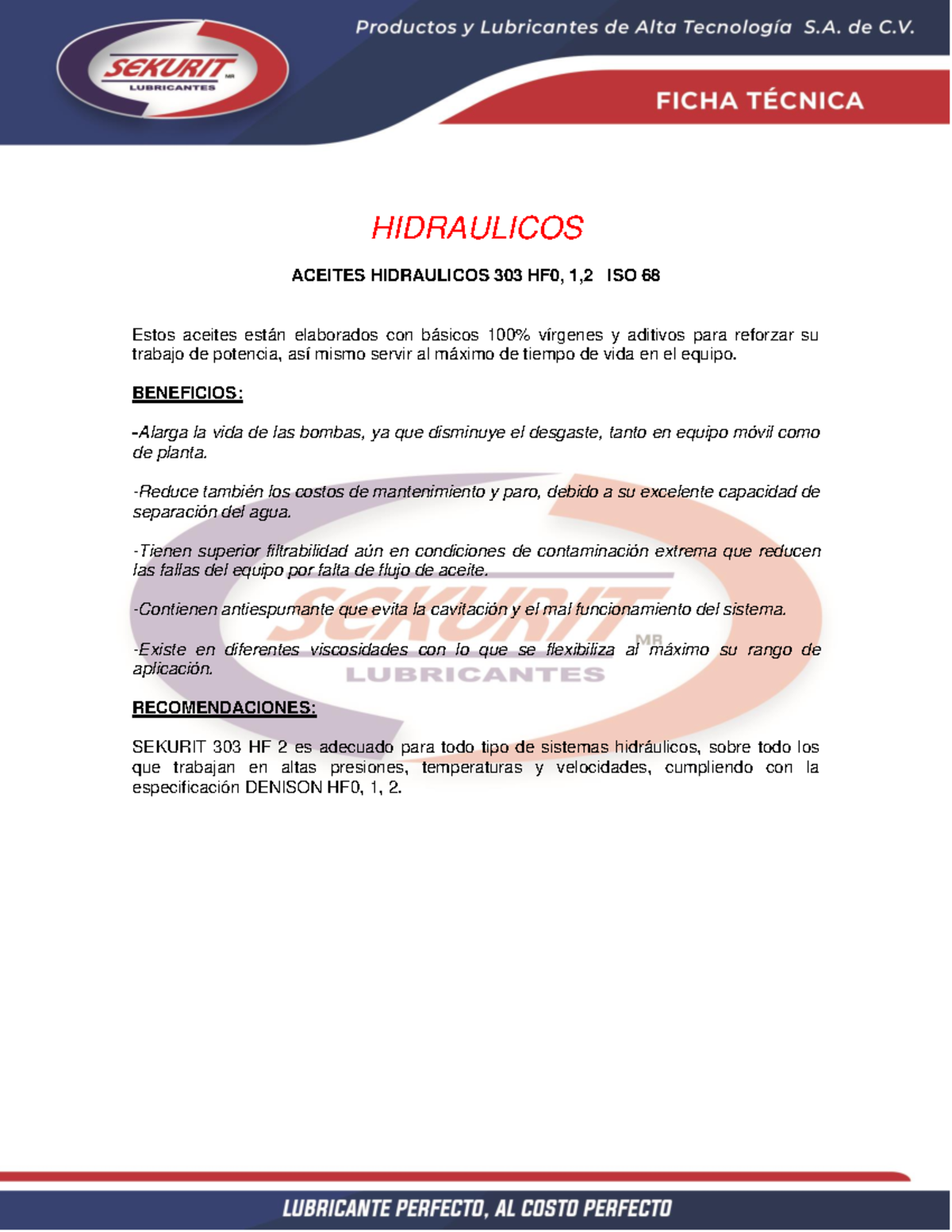 Sekurit-303-HT2 - Seguridad y Beneficios del Aceite Hidráulico - Studocu