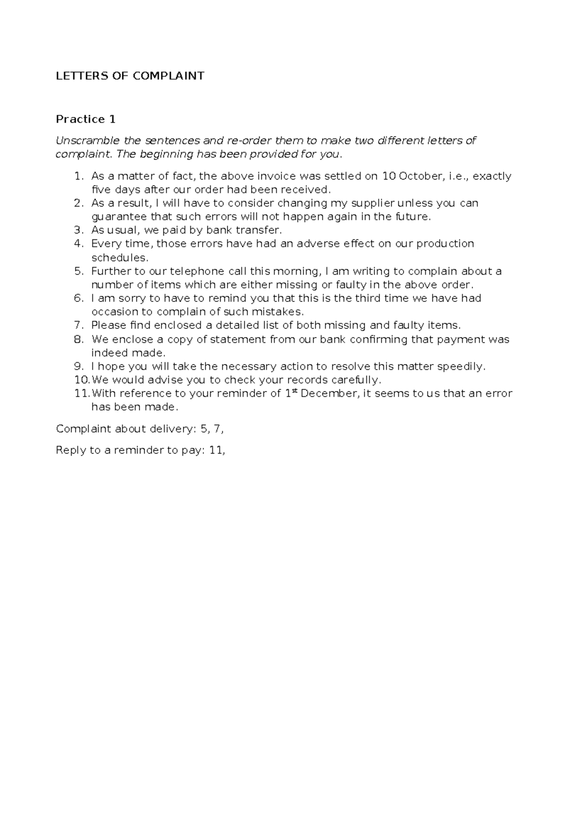 Letters OF Complaint - esercizio - LETTERS OF COMPLAINT Practice 1 ...
