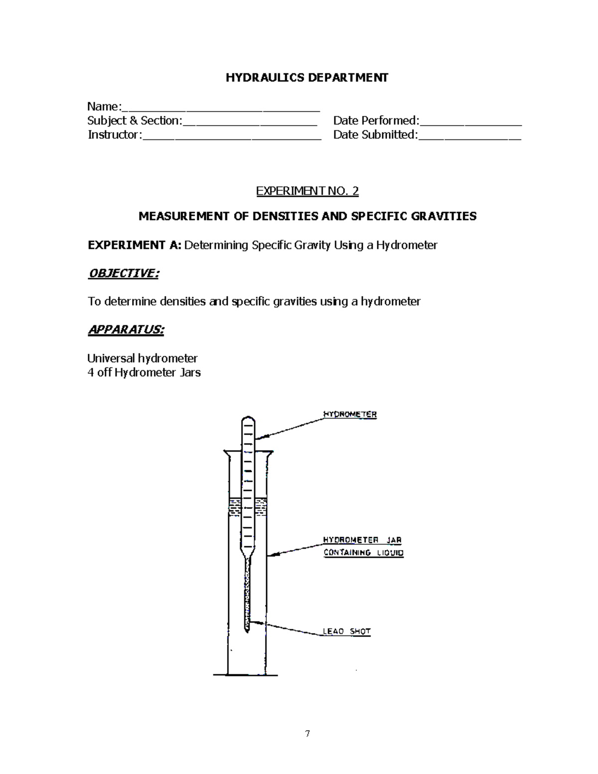 Experiment #2: Density & Specific Gravity Measurement with Hydrometer - Studocu