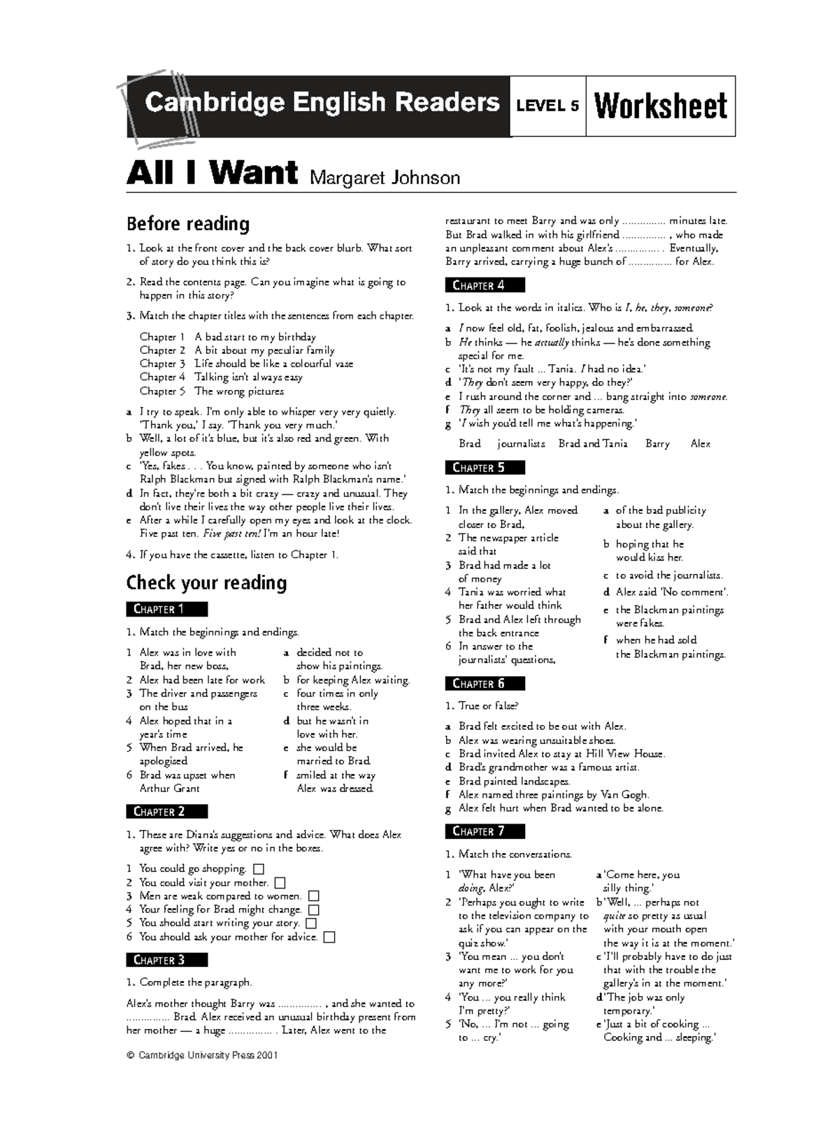 Cambridge English Readers LEVEL 5: All I Want Worksheet - Studocu