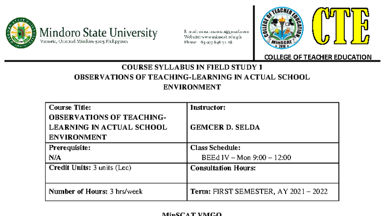 Syllabus FS1: Observations of Teaching-Learning in Actual School ...