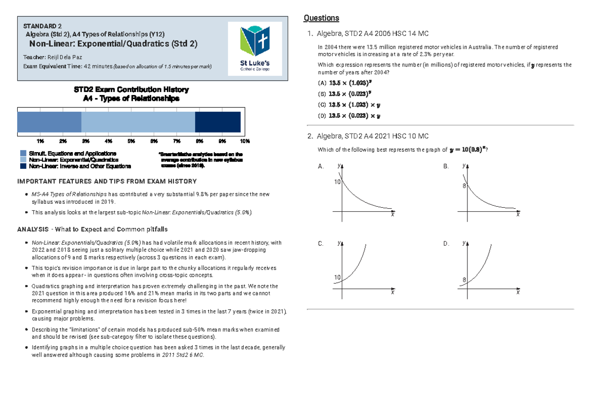 Non-Linear: Exponential/Quadratics - STANDARD 2 Algebra (Std 2), A4 Types of Relationships (Y12 ...