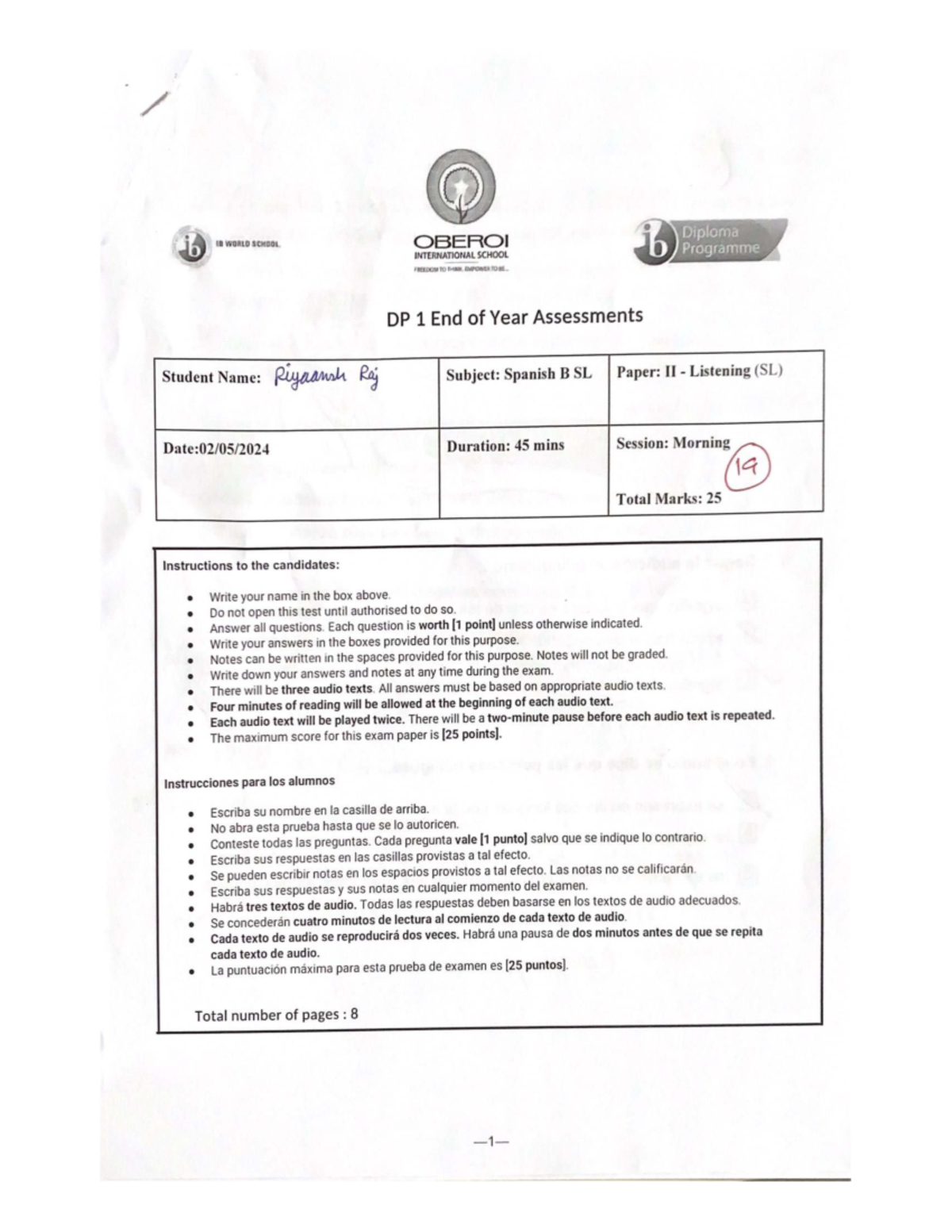 Spanish B SL DP1 End of Year Listening Assessment - Riyaansh Raj - Studocu