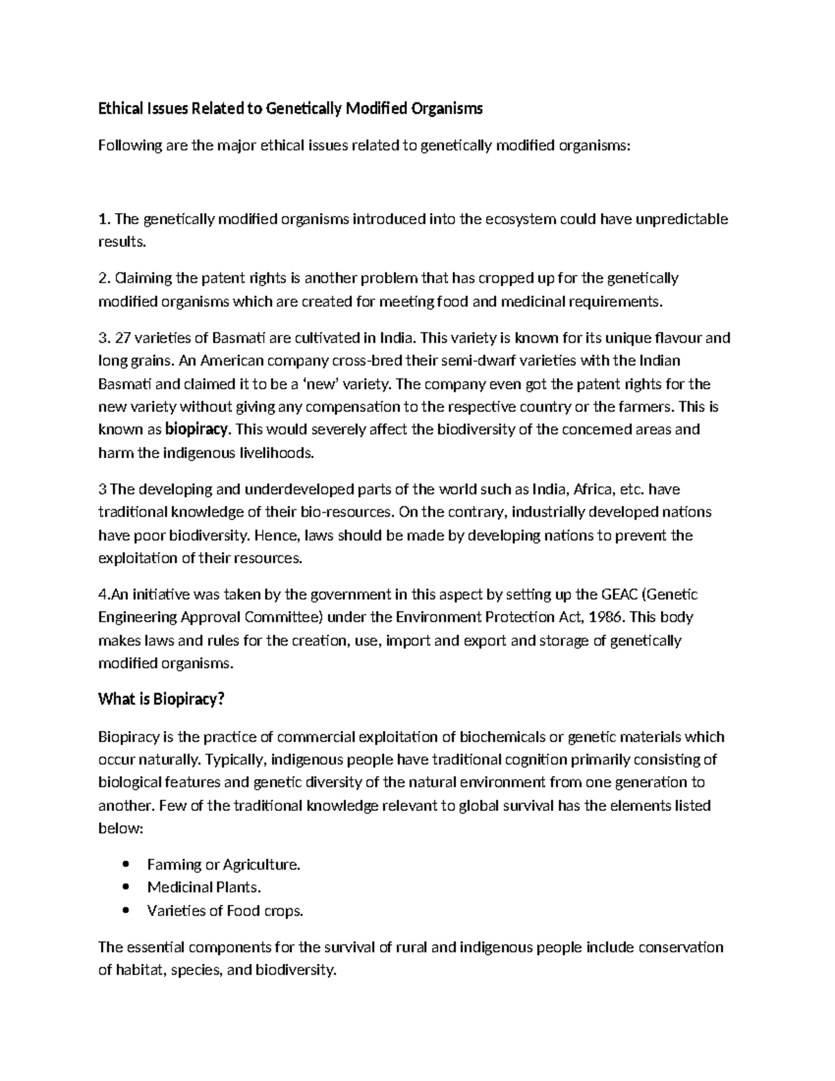 Ethical Issues in Genetically Modified Organisms: An Overview - Studocu