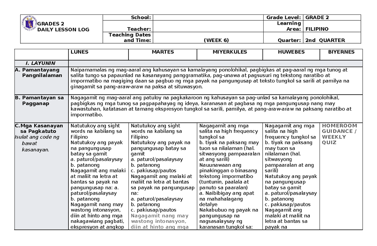 FIL2 Q2 W6 - Daily Lesson Log for Grade 2 Filipino - Studocu