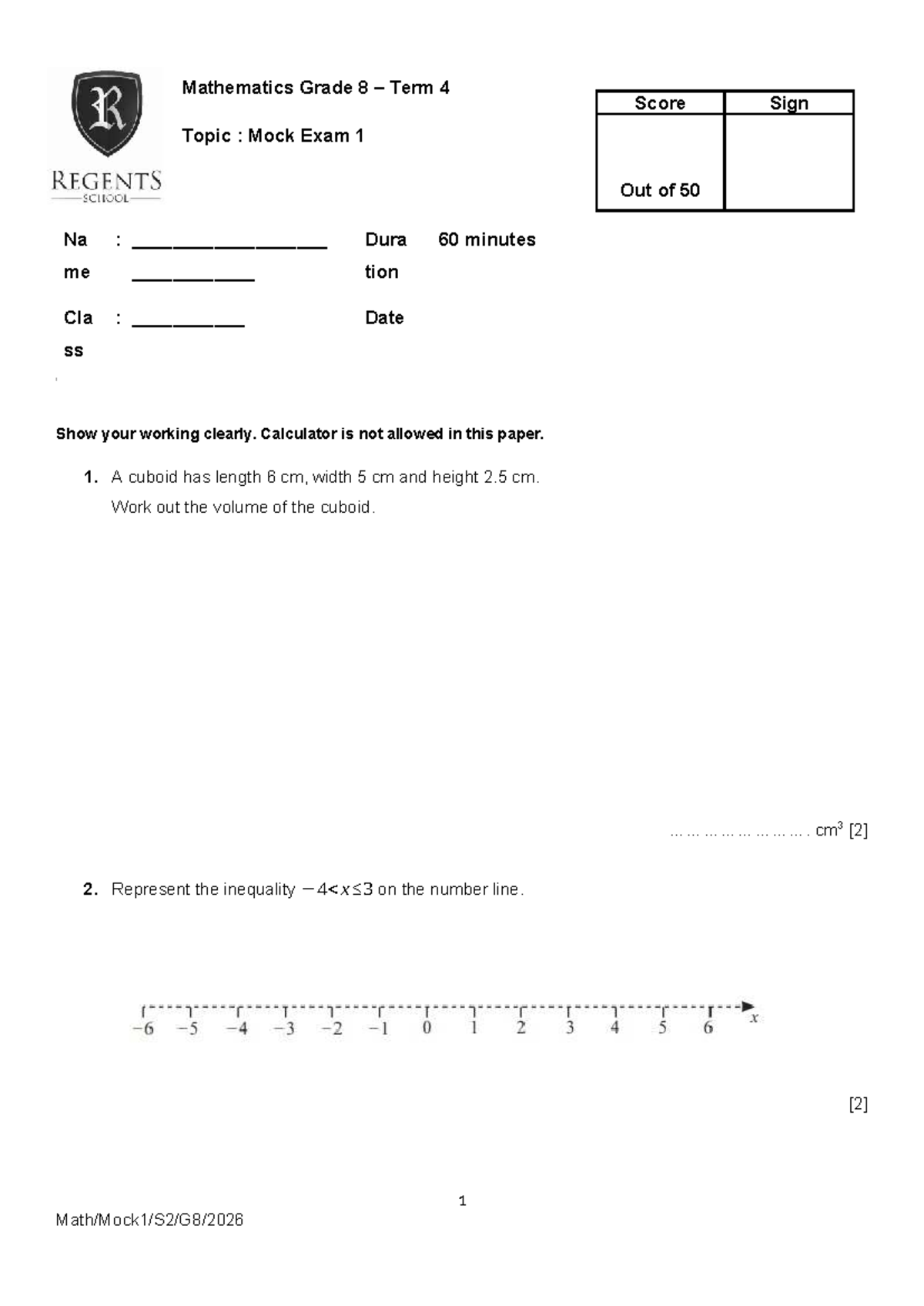 Mathematics Grade 8 Term 4 Mock Exam 1 - Practice Paper - Studocu