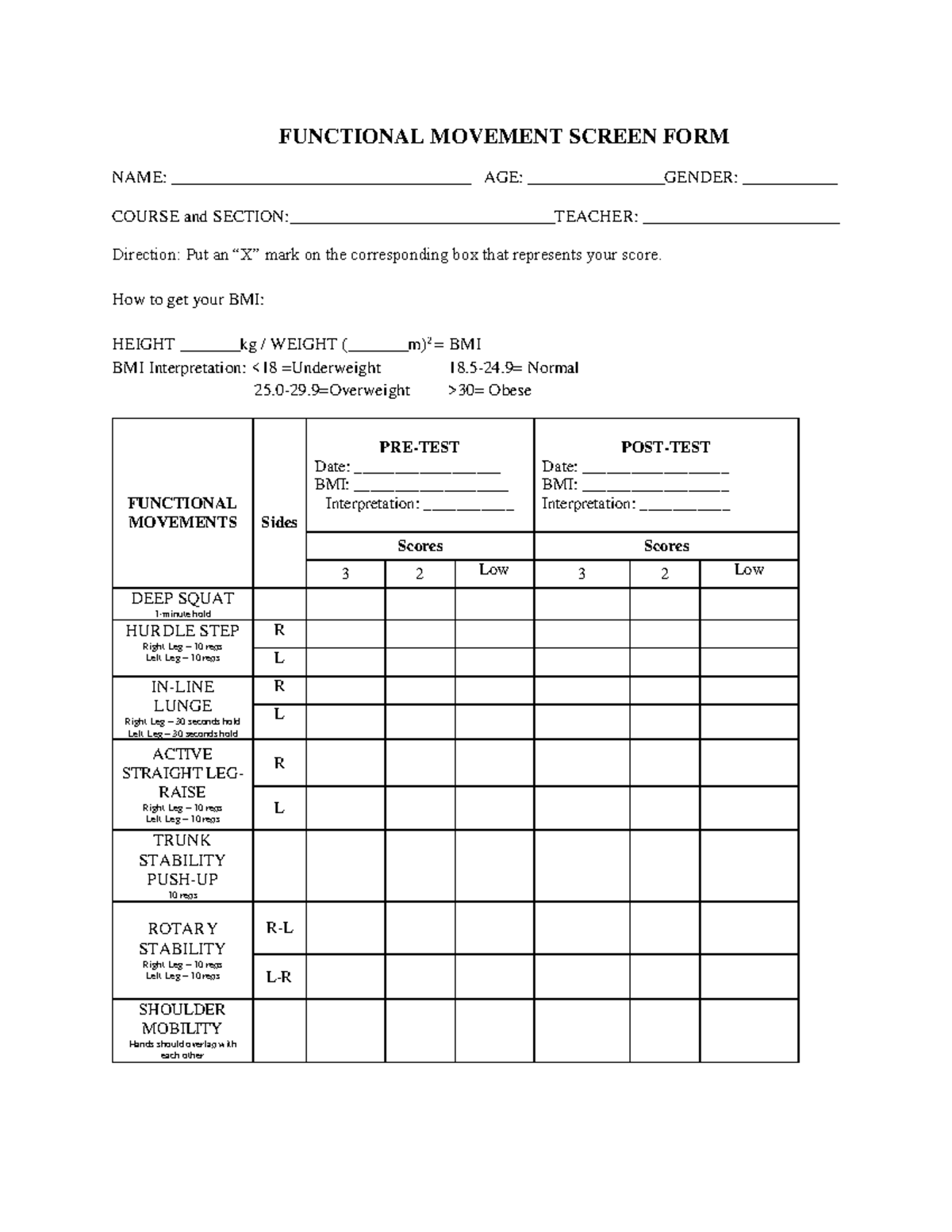 Functional Movement Screen Form: Scoring & BMI Interpretation - Studocu