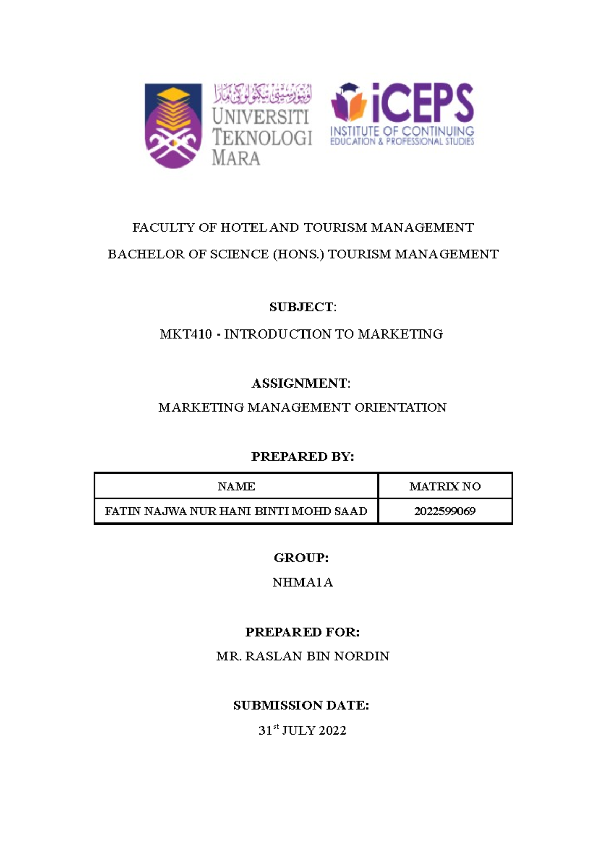 MKT410 - Marketing Management Orientation Assignment by Fatin Najwa ...