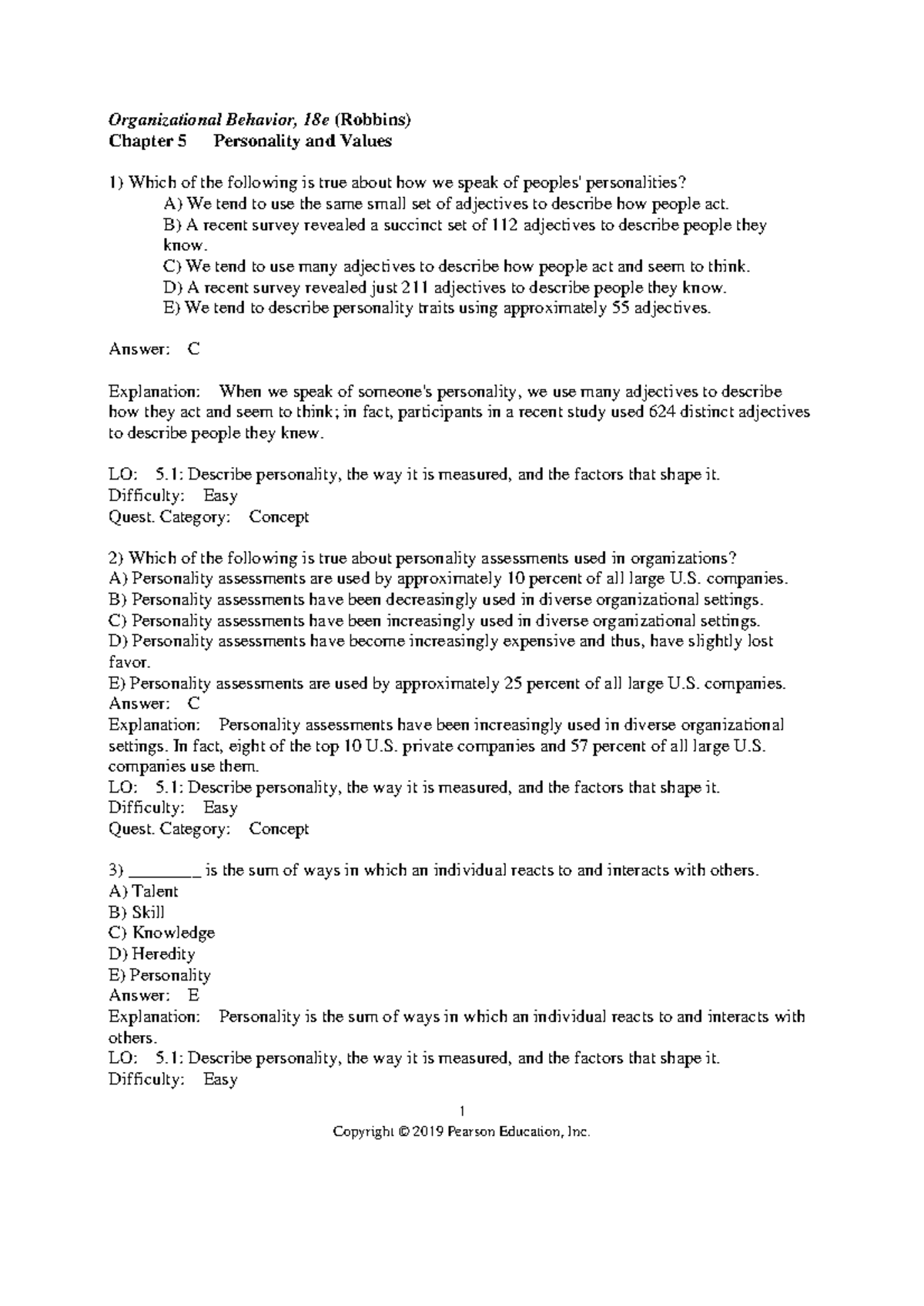 Chapter 5 Personality and Values - 1 Organizational Behavior, 18e ...