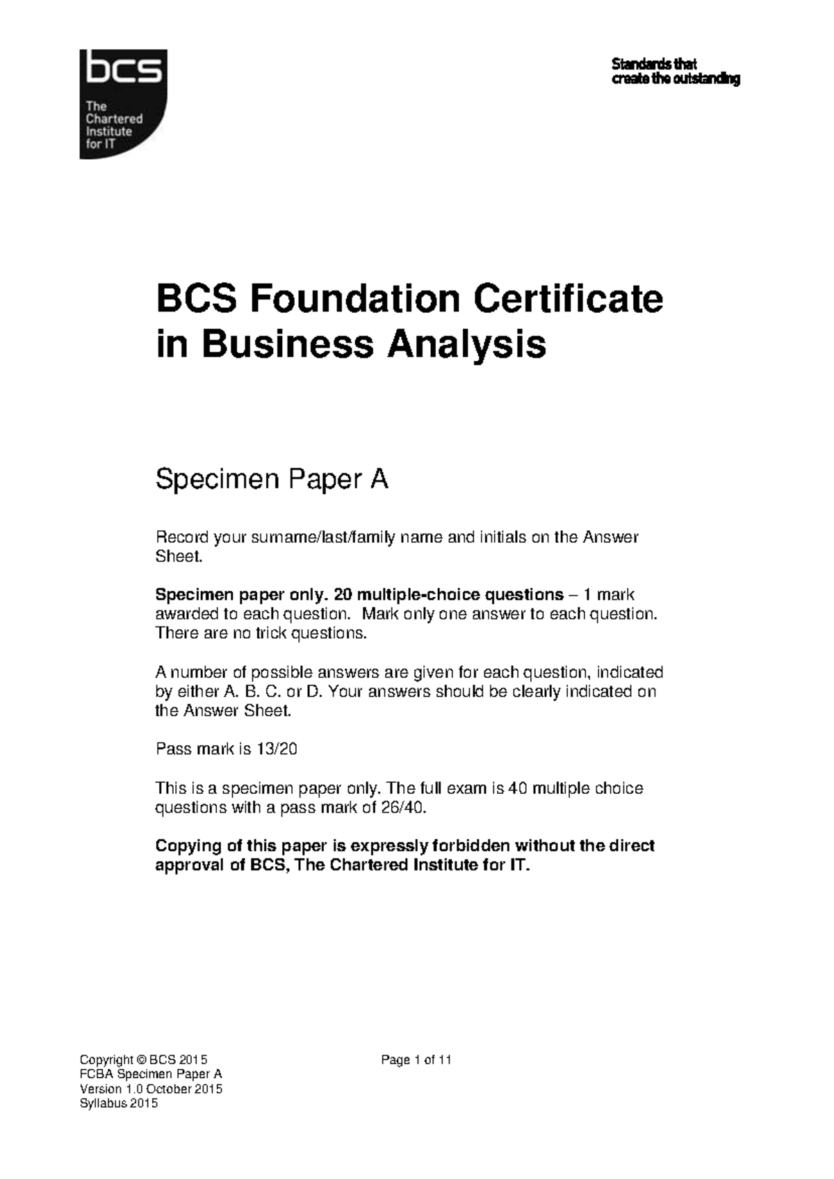 BCS FCBA Specimen Paper A - Business Analysis Practice Test - Studocu