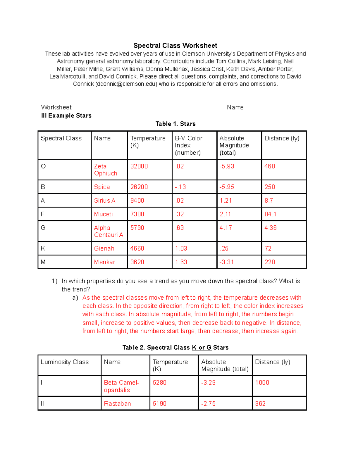 Spectral Class Analysis Worksheet for Astronomy Lab Activities - Studocu