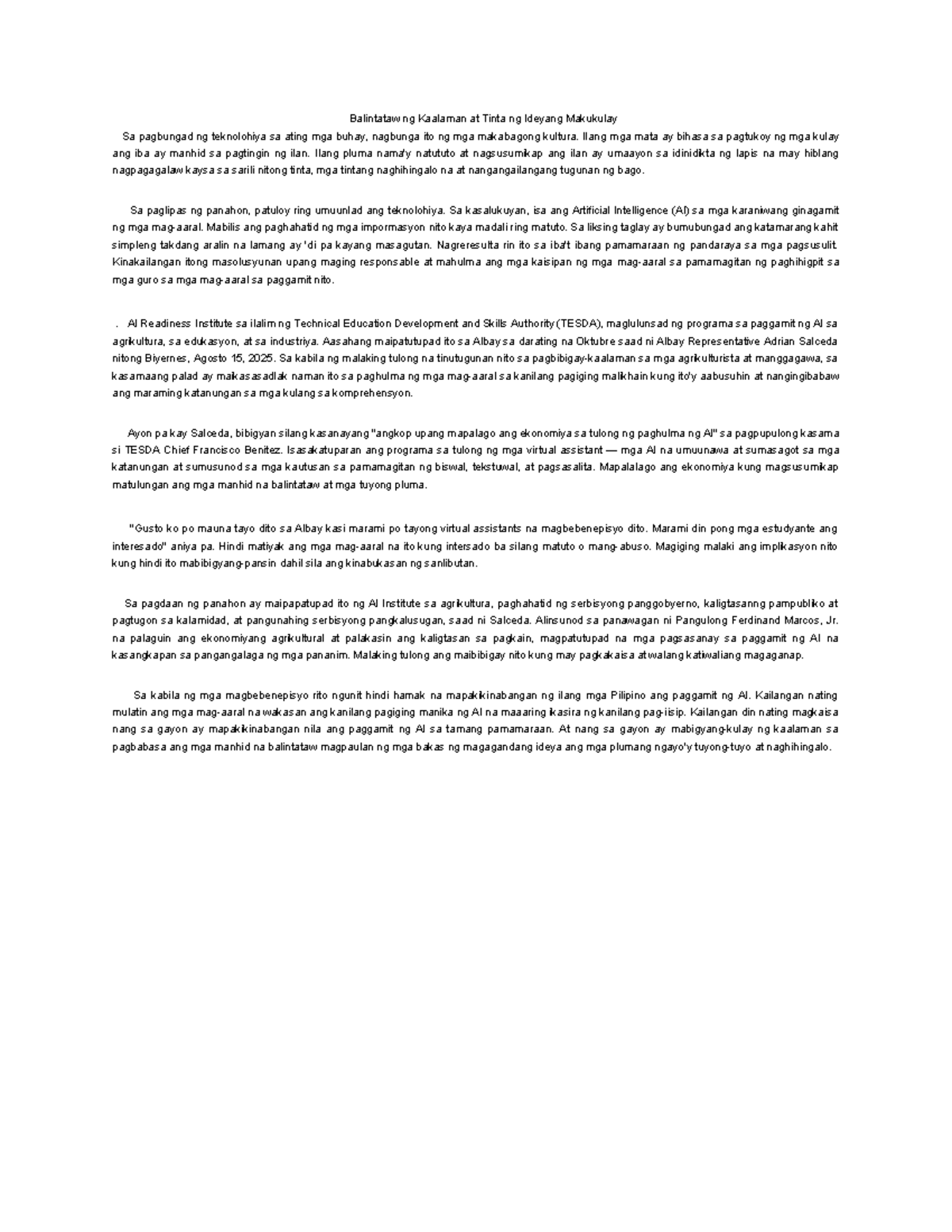 Balintataw ng Kaalaman: Pagsusuri sa AI at Kultura sa Edukasyon - Studocu