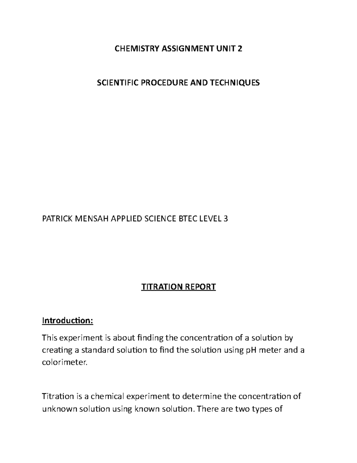 **Titration and Colorimetry Lab Report - BTEC Level 3 Applied Science ...