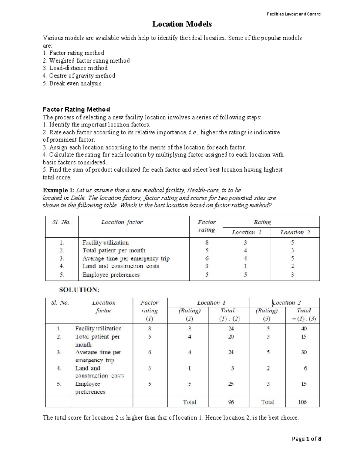 Location Models - Lecture Notes 1 on Facilities Layout & Control - Studocu