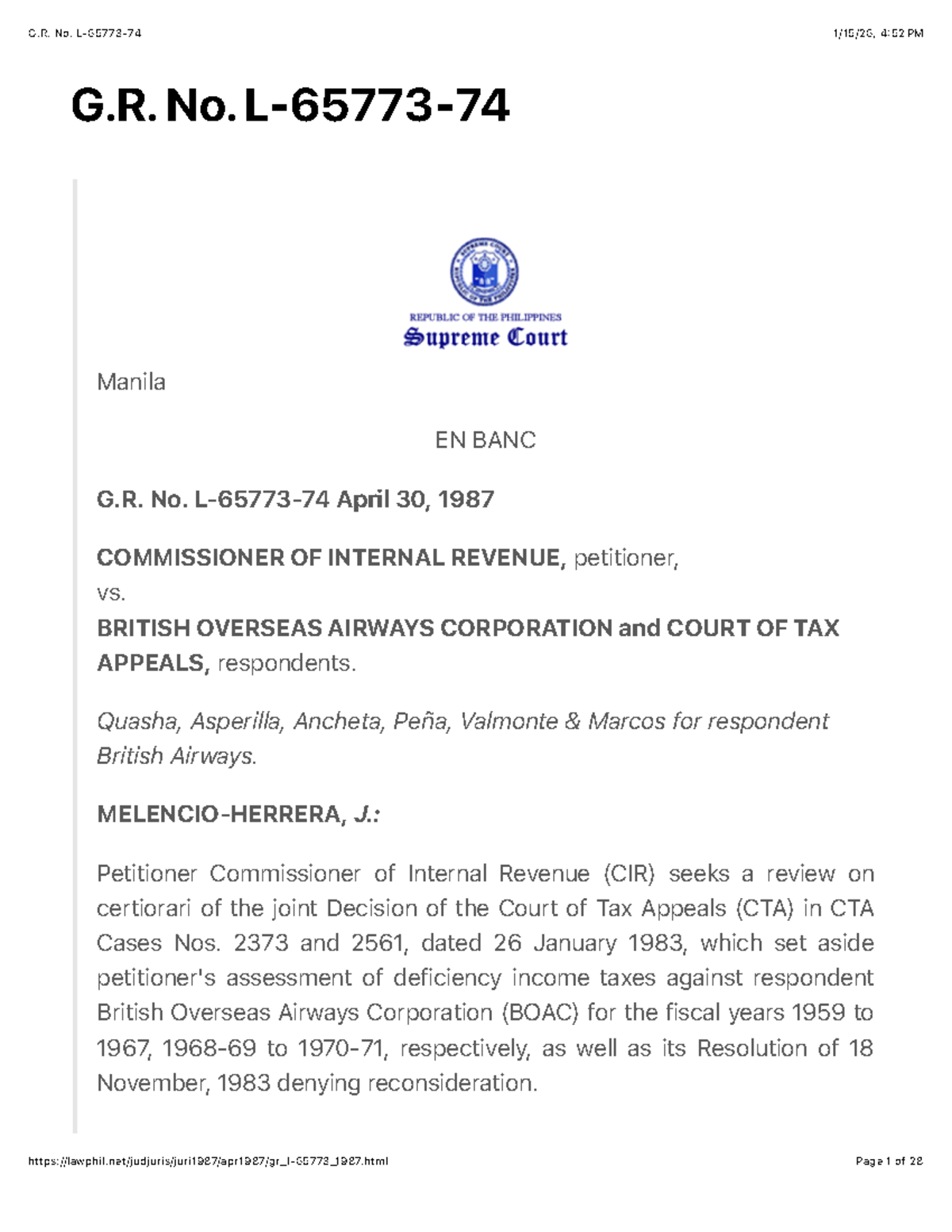 CIR v. BOAC: Tax Liability Review (G.R. No. 65773) - Studocu