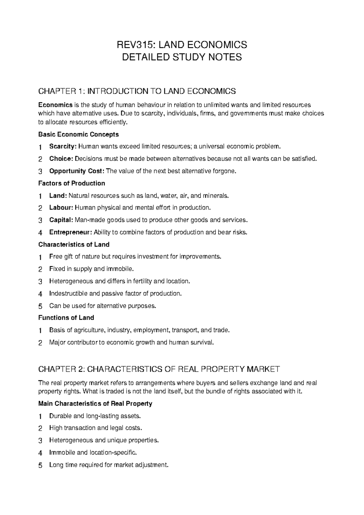REV315: Land Economics Detailed Study Notes - Chapter 1 & 2 - Studocu