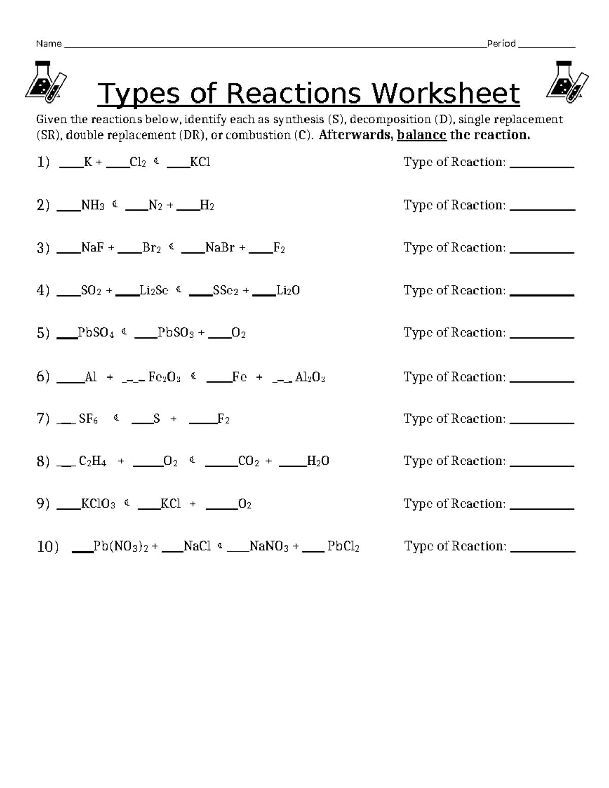 Types of Reactions and Balancing Worksheet - Studocu
