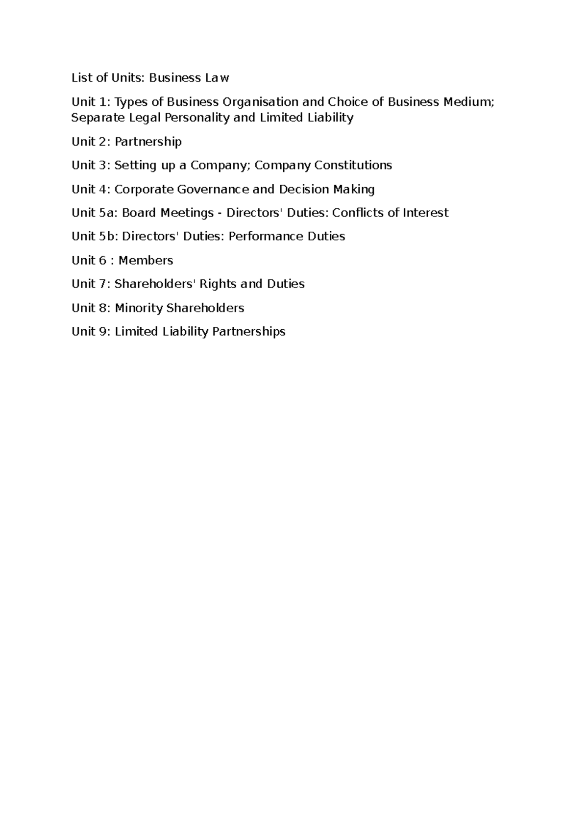 List of Units - zyx - List of Units: Business Law Unit 1: Types of ...