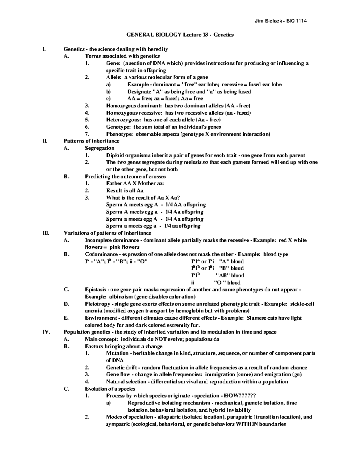 L18-Genetics - Lecture 18 Notes: Genetics - Jim Bidlack - BIO 1114 ...