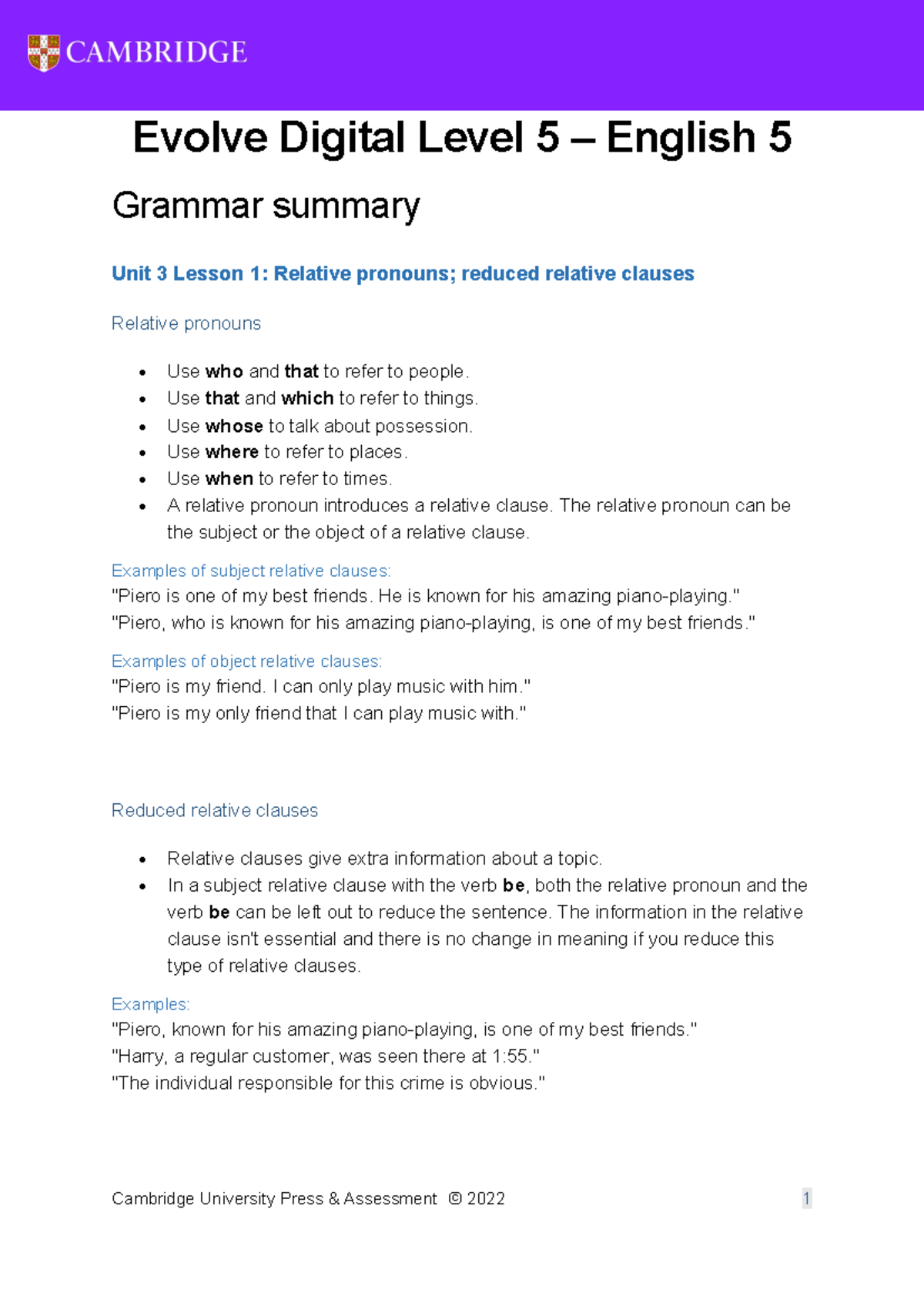 Evolve Digital Level 5 English 5 Unit 3 Grammar & Vocabulary Summary ...