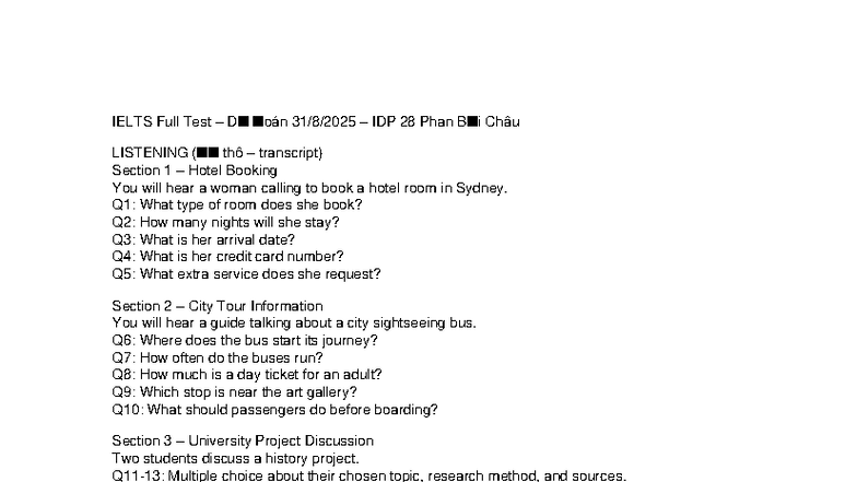 IELTS Full Test IDP 31/08/2025 Listening, Reading, Writing, Speaking ...