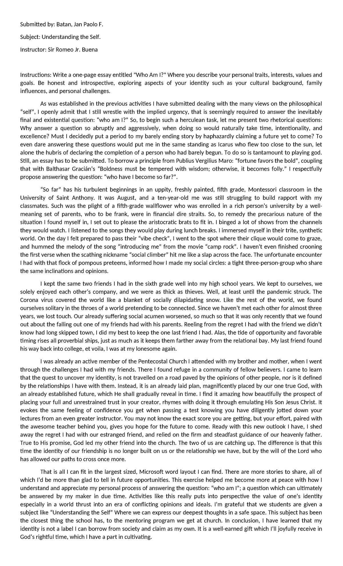 Understanding the Self: Reflective Essay on Identity and Values - Studocu