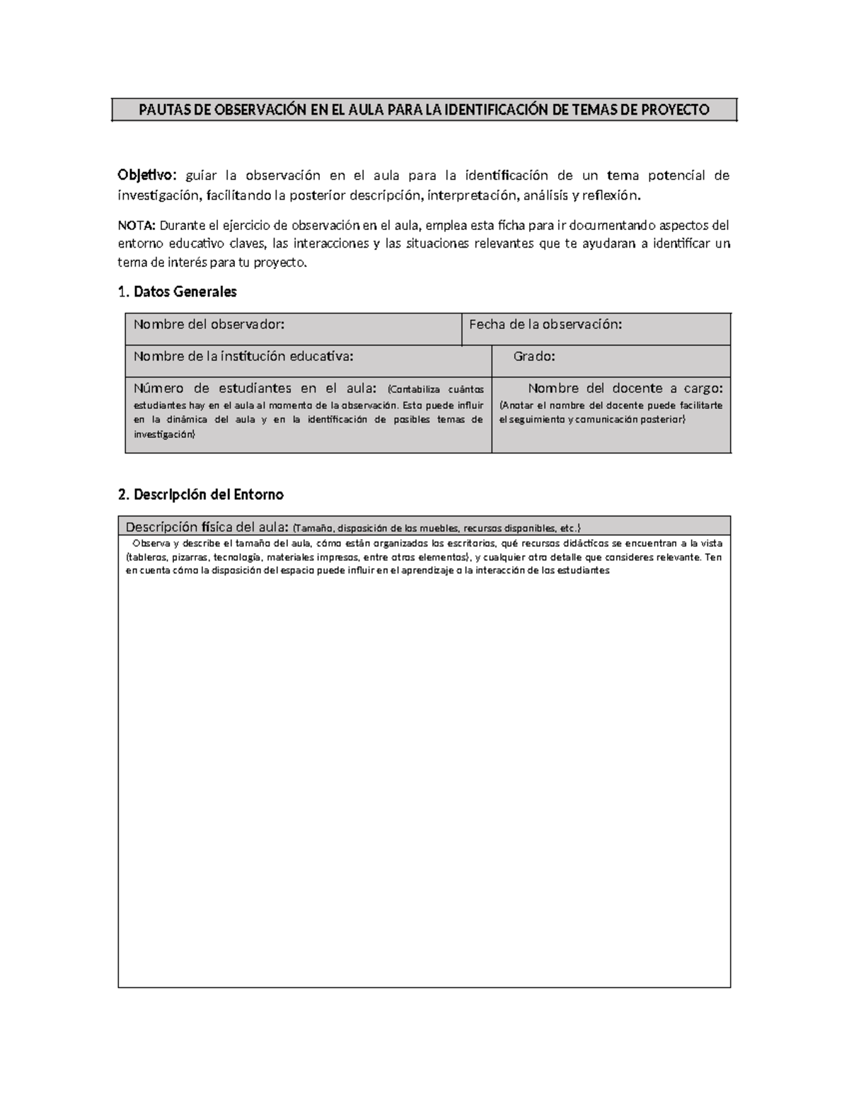 Ficha de observación - Vbvh - PAUTAS DE OBSERVACIÓN EN EL AULA PARA LA ...