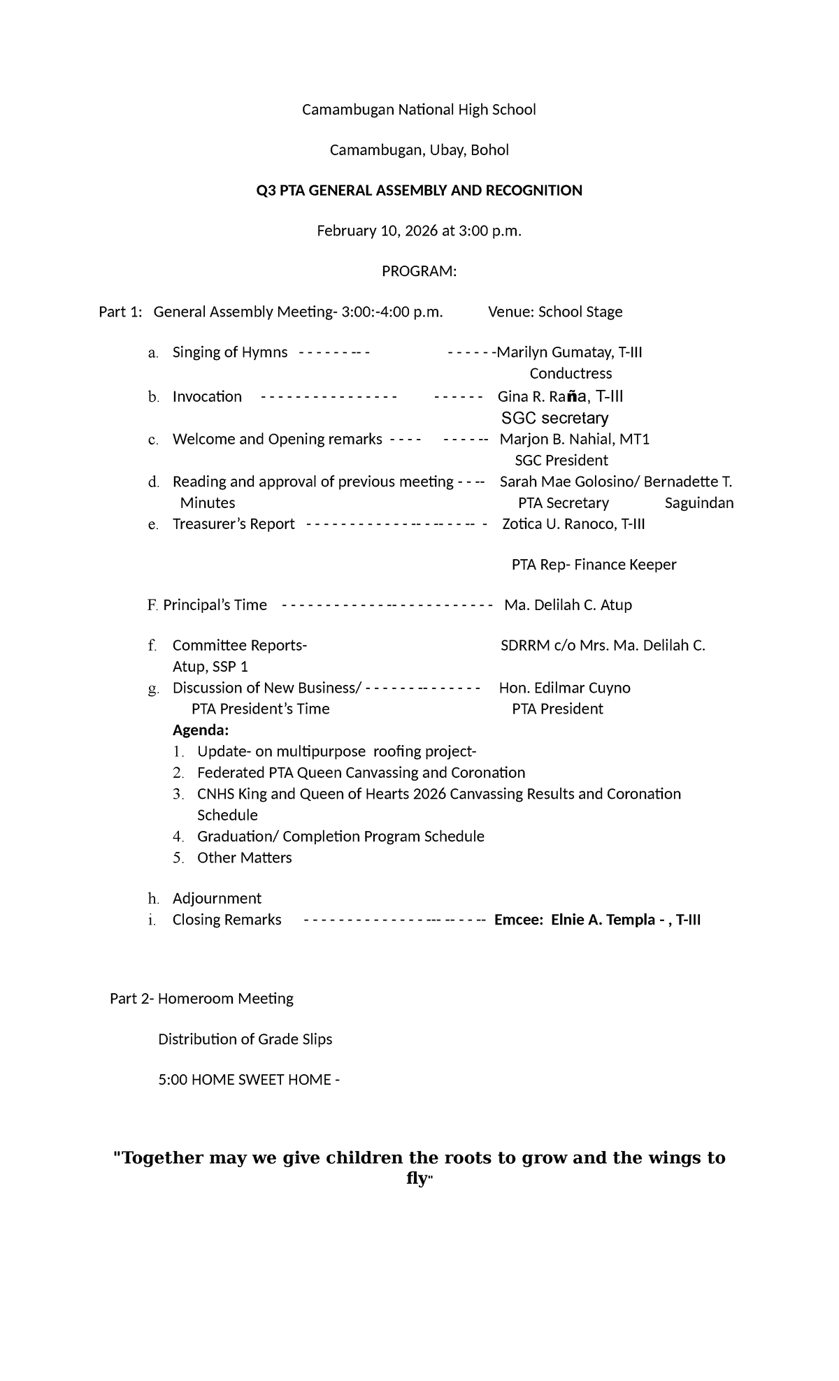 Q3 PTA General Assembly & Recognition Program - Camambugan National ...