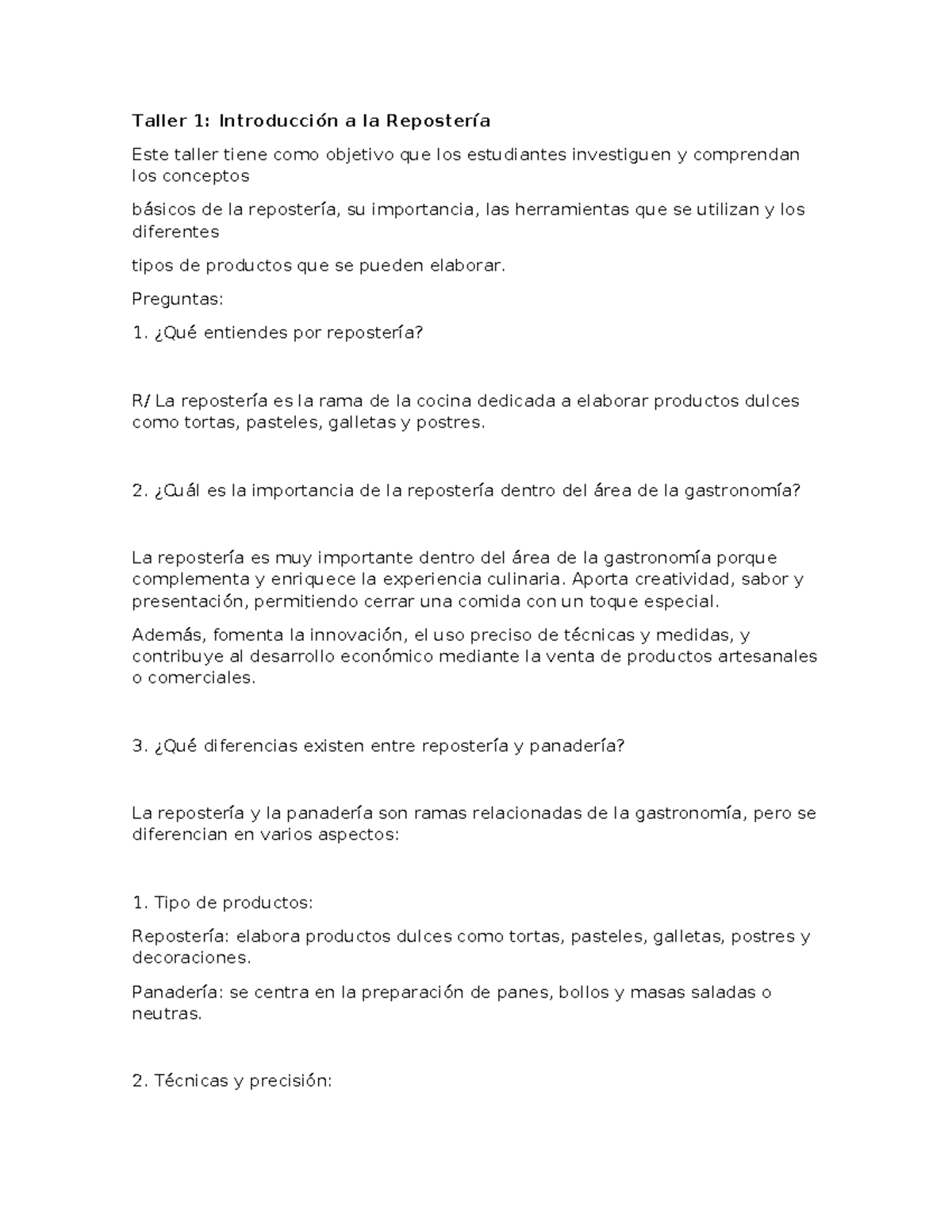 Taller 1: Introducción a la Repostería y sus Fundamentos - Studocu