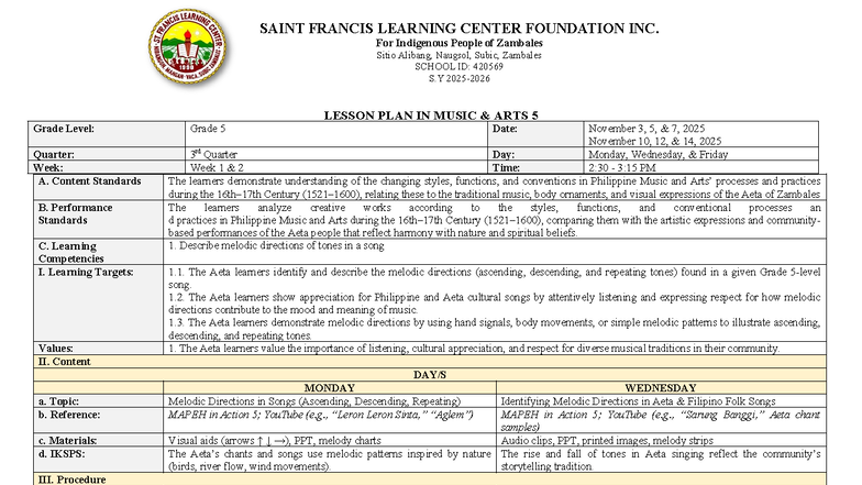 LP (Music & Arts 5) Week 1 & 2 Lesson Plan - 3rd Quarter - Studocu
