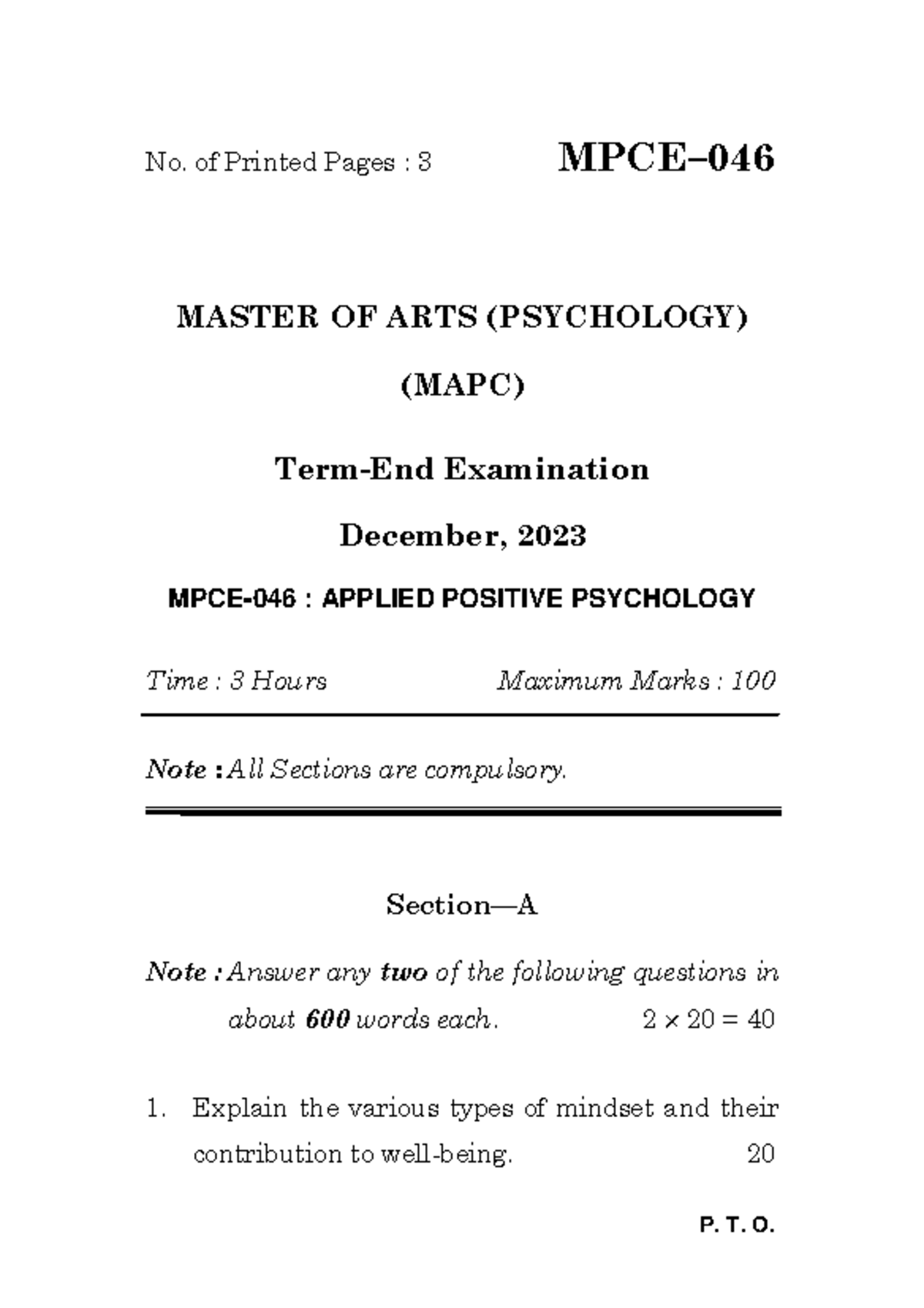 MPCE-046 Dec 2023 - Applied Positive Psychology Exam Papers - Studocu